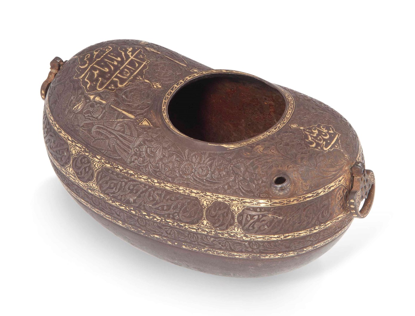 A GOLD-DAMASCENED STEEL BEGGAR'S BOWL (KASHKUL), WITH SIGNATURE OF ...