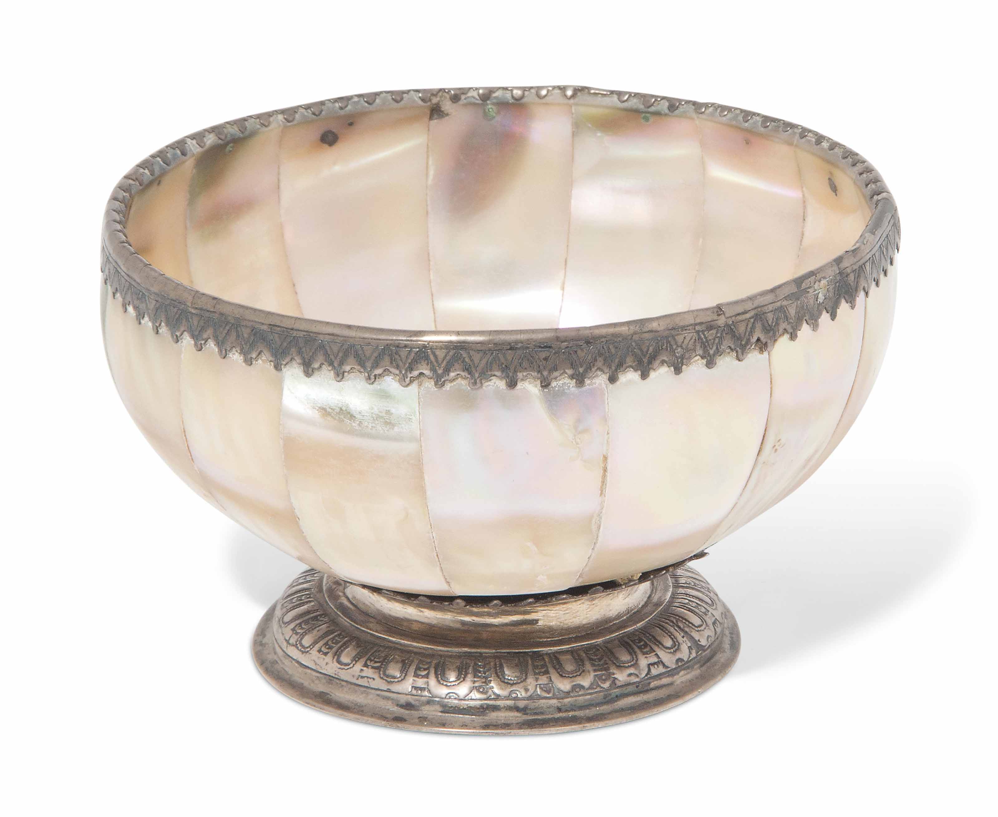 A RARE SILVER-MOUNTED MOTHER-OF-PEARL FOOTED BOWL
