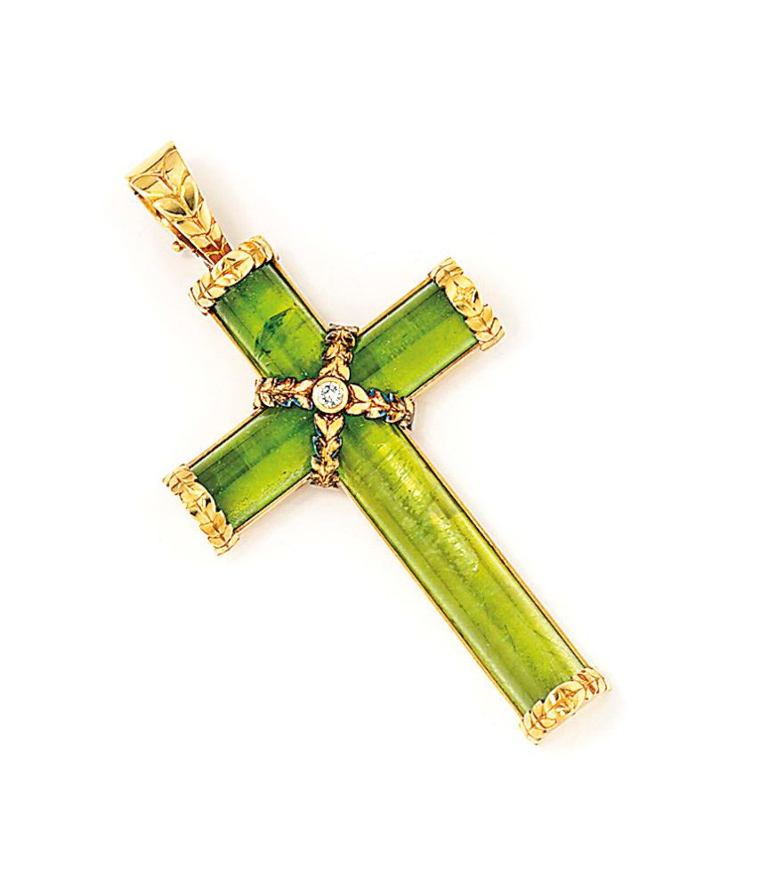 A peridot and diamond cross pendant, by Theo Fennell, A peridot and ...
