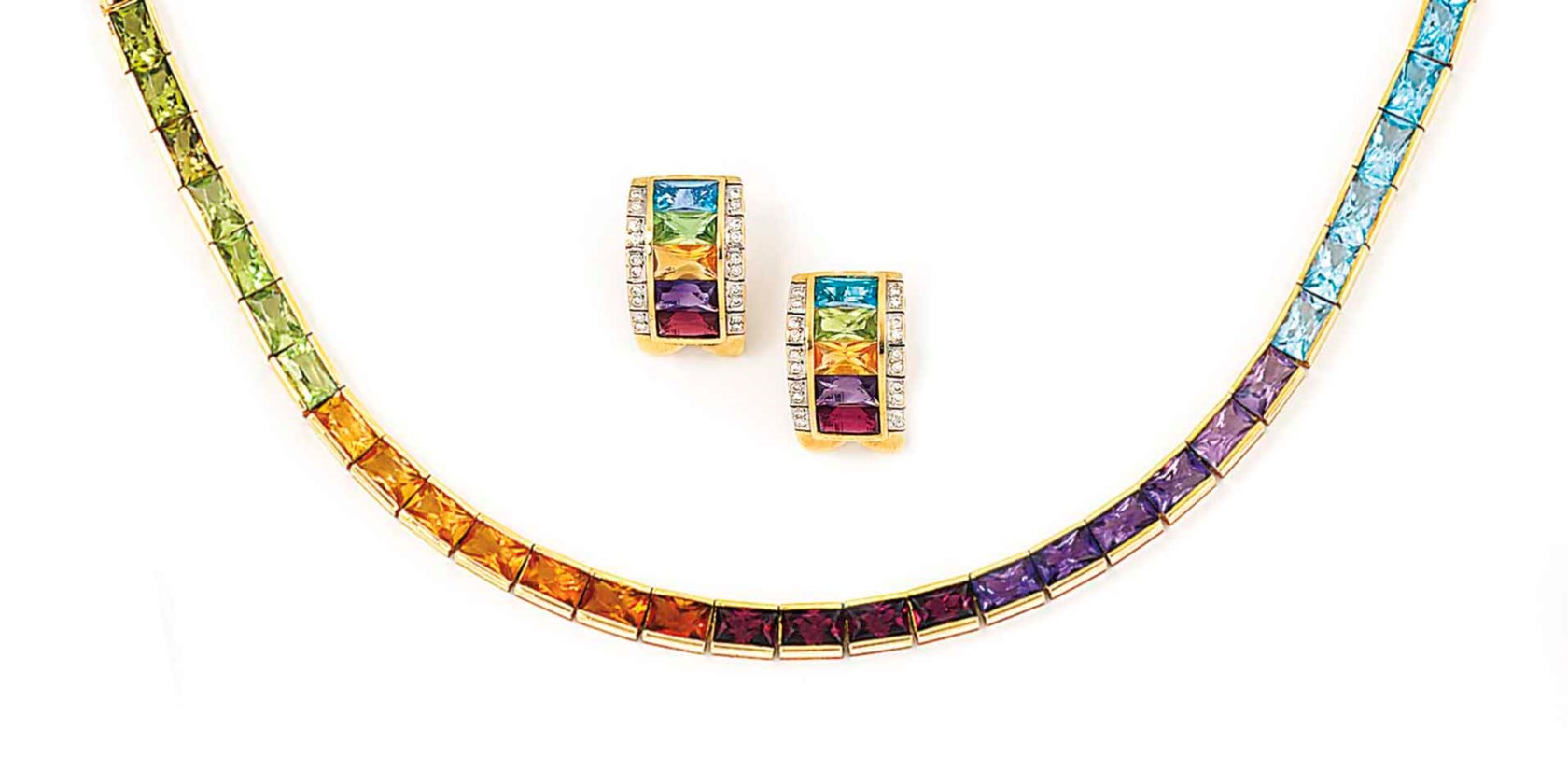 A MULTI-GEM 'RAINBOW' NECKLACE AND EARRINGS, BY H. STERN | Christie's
