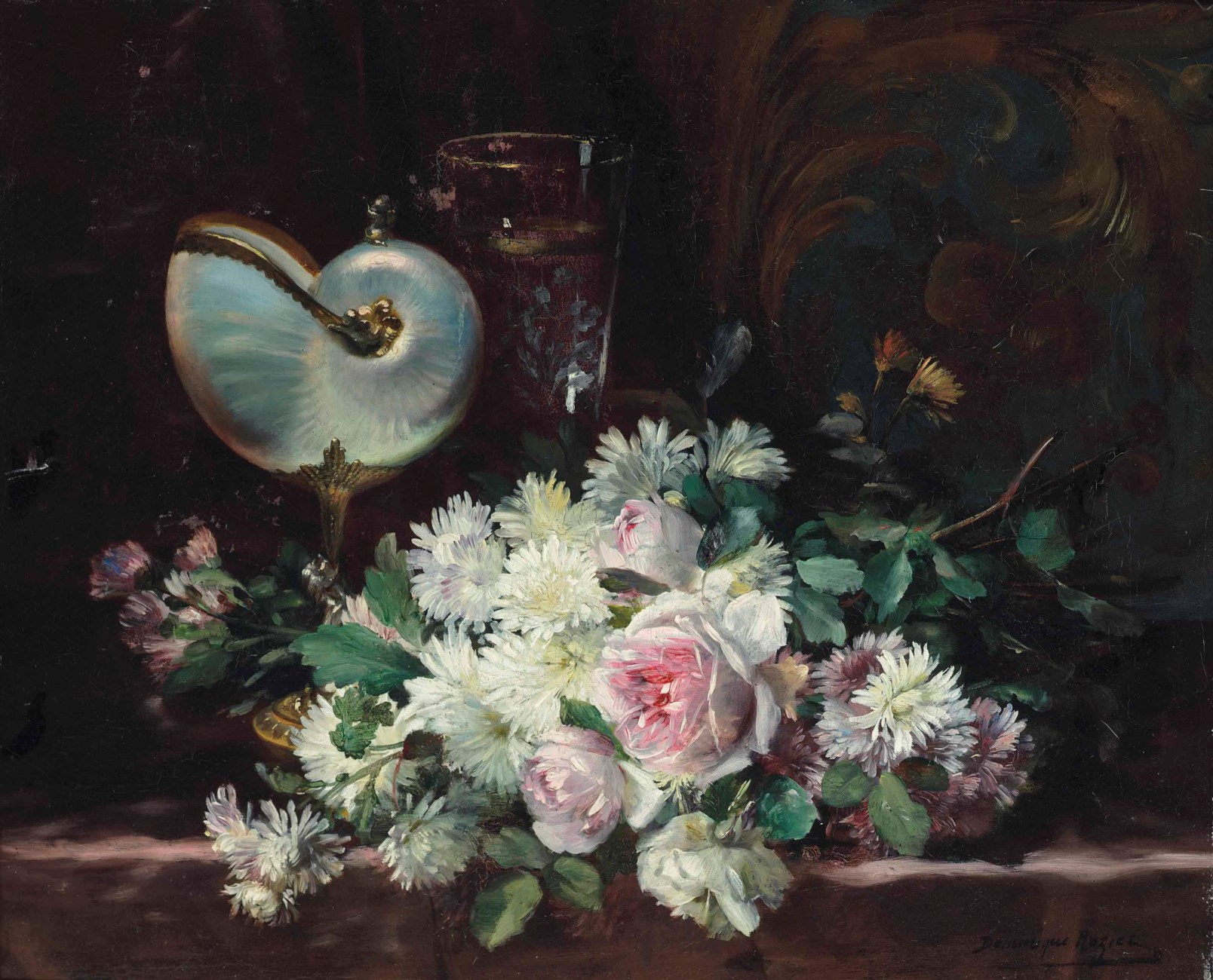 Dominique Hubert Rozier (French, 1840-1901), A nautilus shell, a glass ...