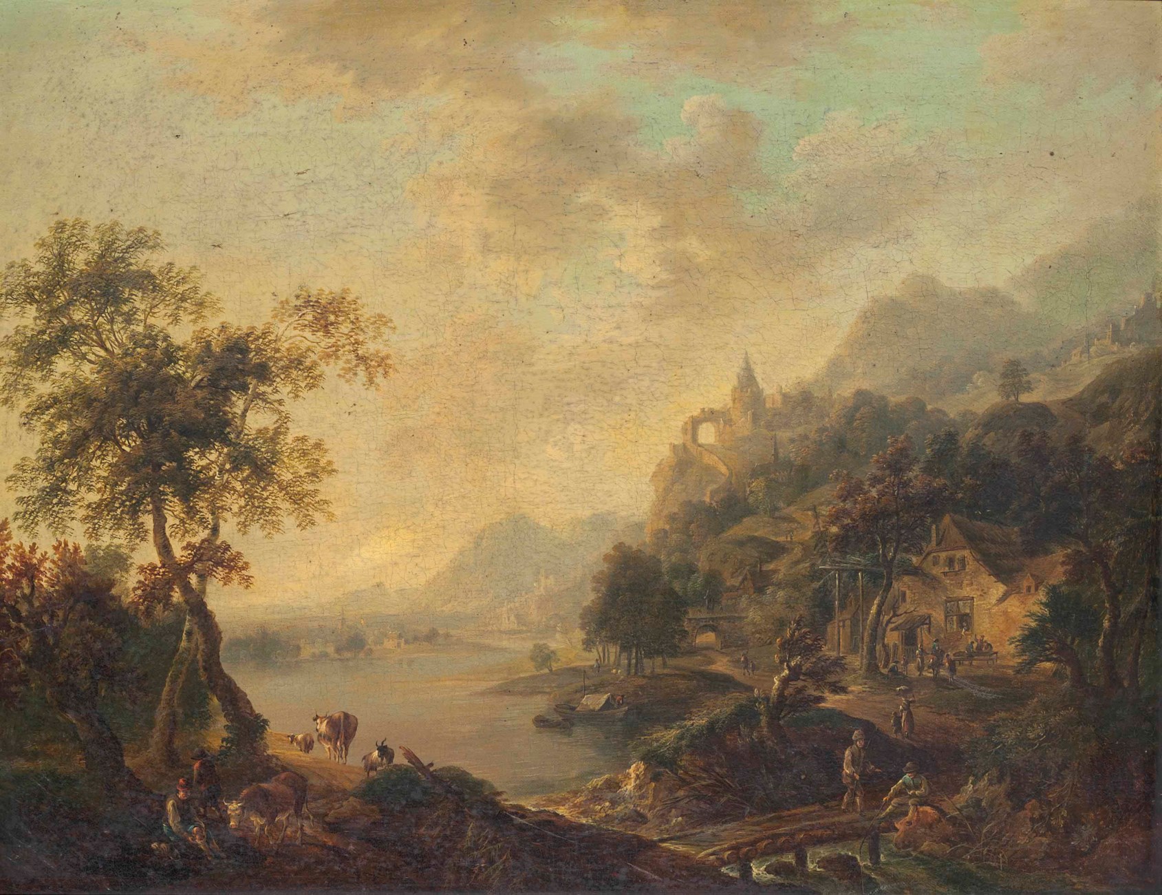 Follower of Jan Griffier, An extensive river landscape with drovers and ...