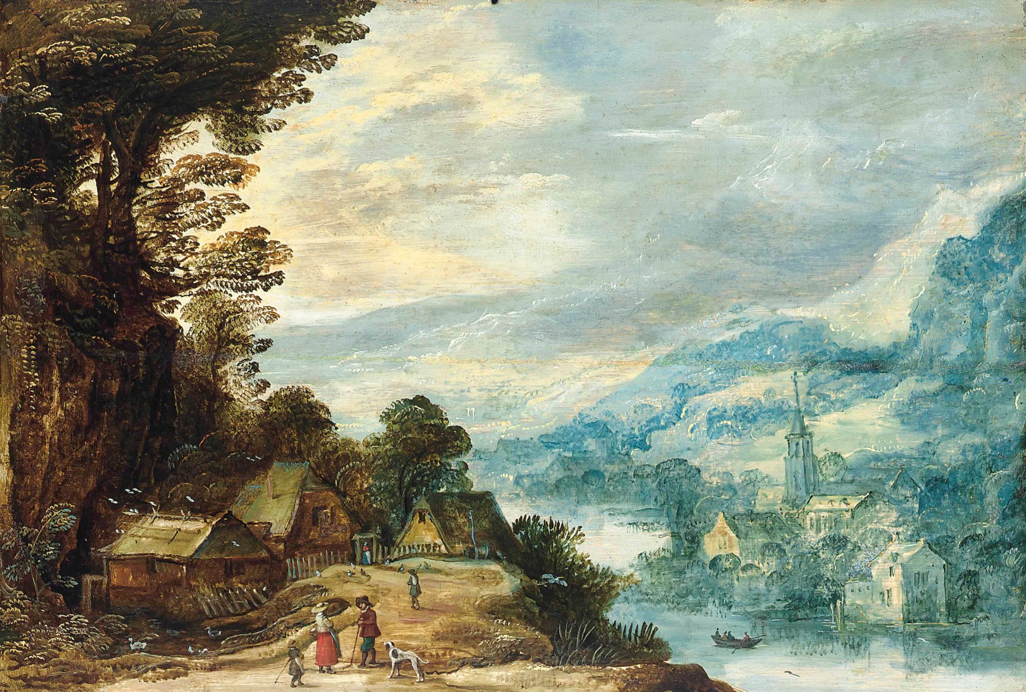 Attributed to Joos de Momper II (Antwerp 1564-1635), An extensive river landscape with figures ...