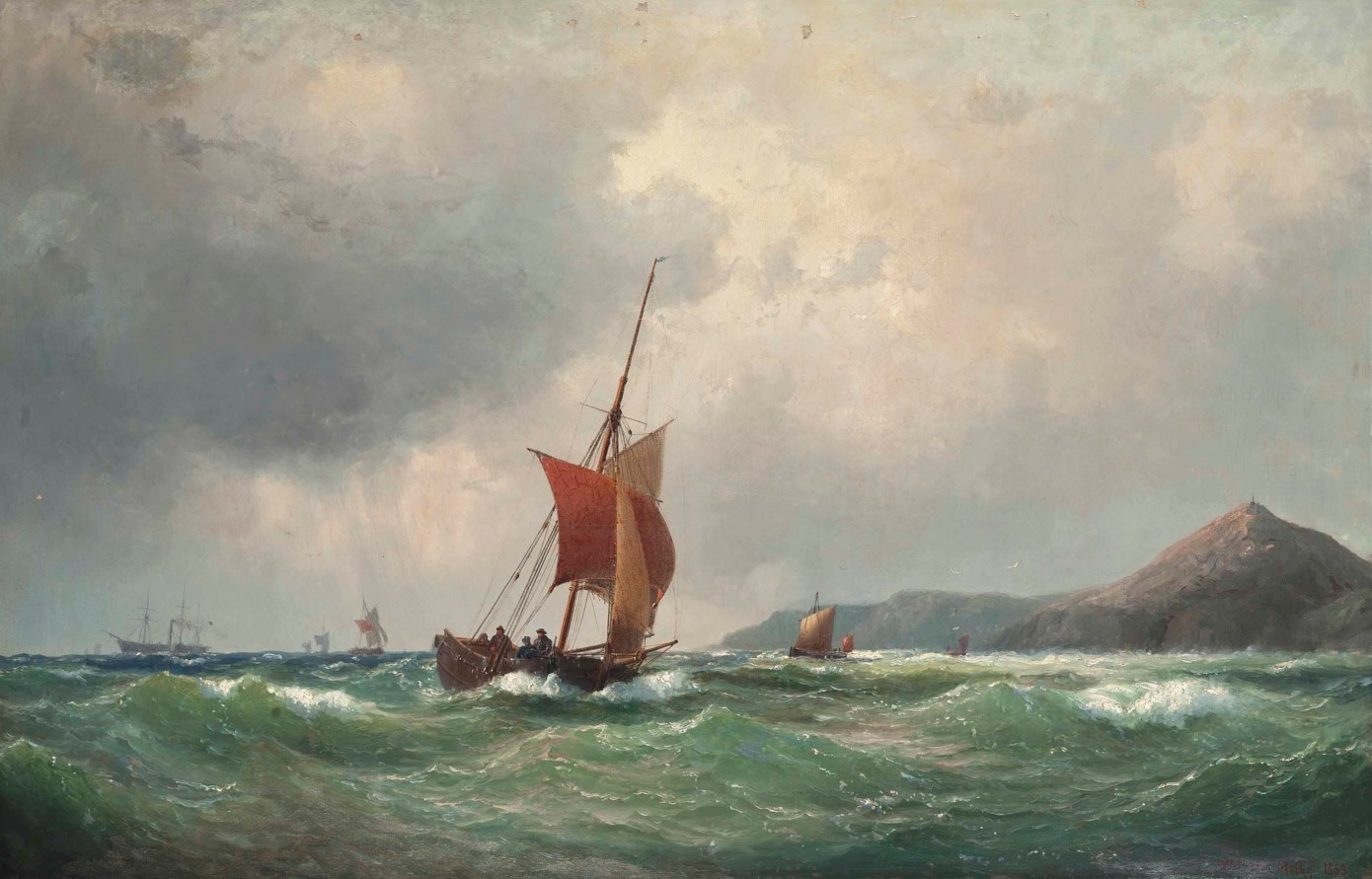 Vilhelm Melbye (1824-1882), Fishing boats off a rocky coastline, a ...