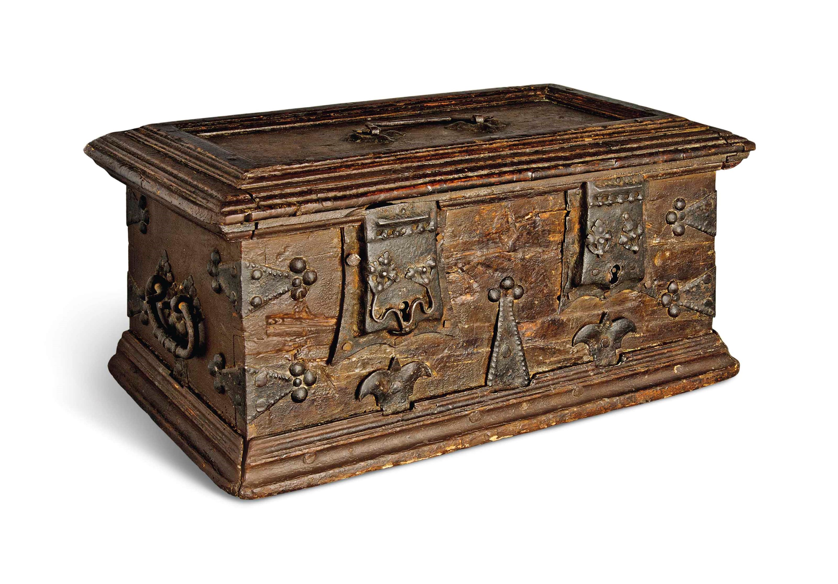 A GERMAN PAINTED WOOD AND IRON-MOUNTED CASKET, FIRST HALF 17TH CENTURY ...