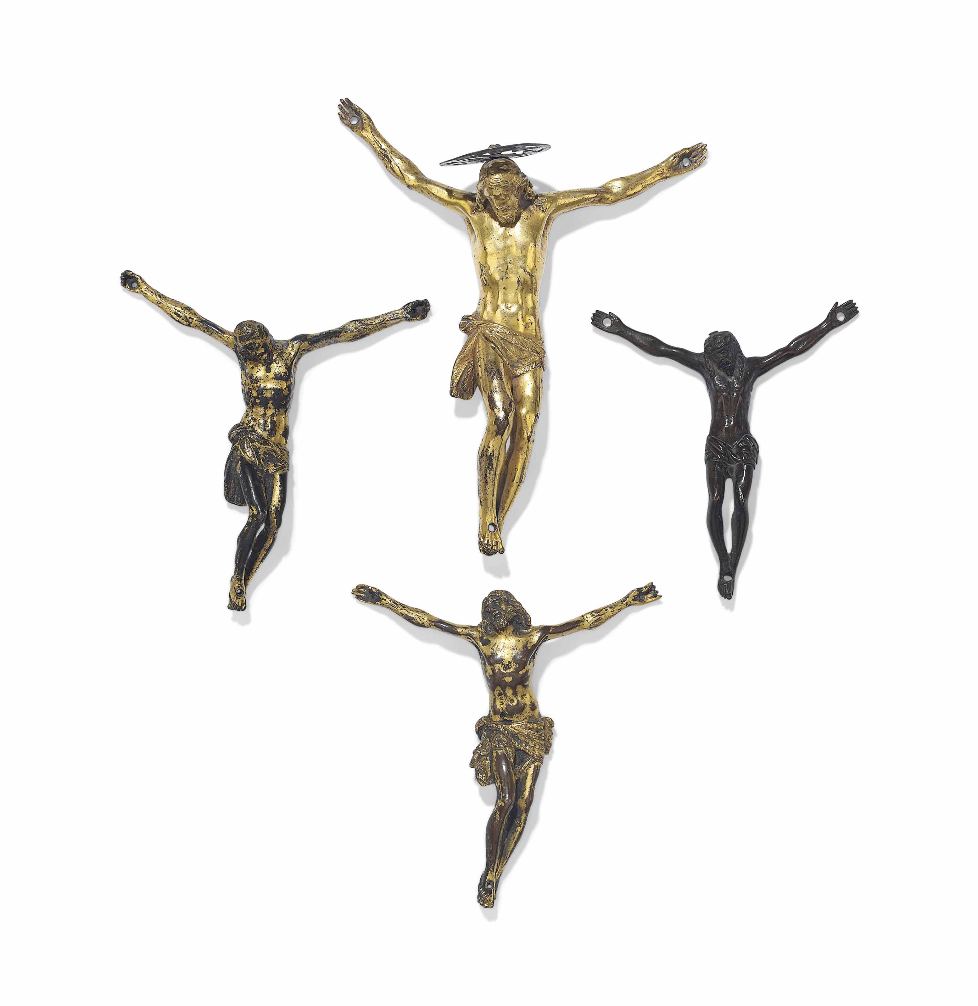 FOUR ITALIAN BRONZE CRUCIFIX FIGURES