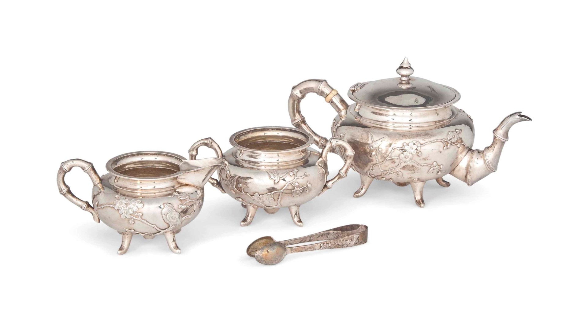 A CHINESE EXPORT SILVER THREE-PIECE TEA SET WITH ACCOMPANYING SUGAR ...