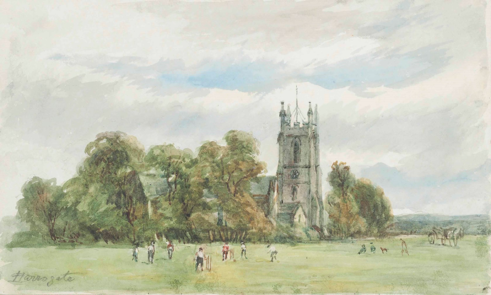 Arthur James Stark (1831-1902), A cricket match at Harrogate; A river ...