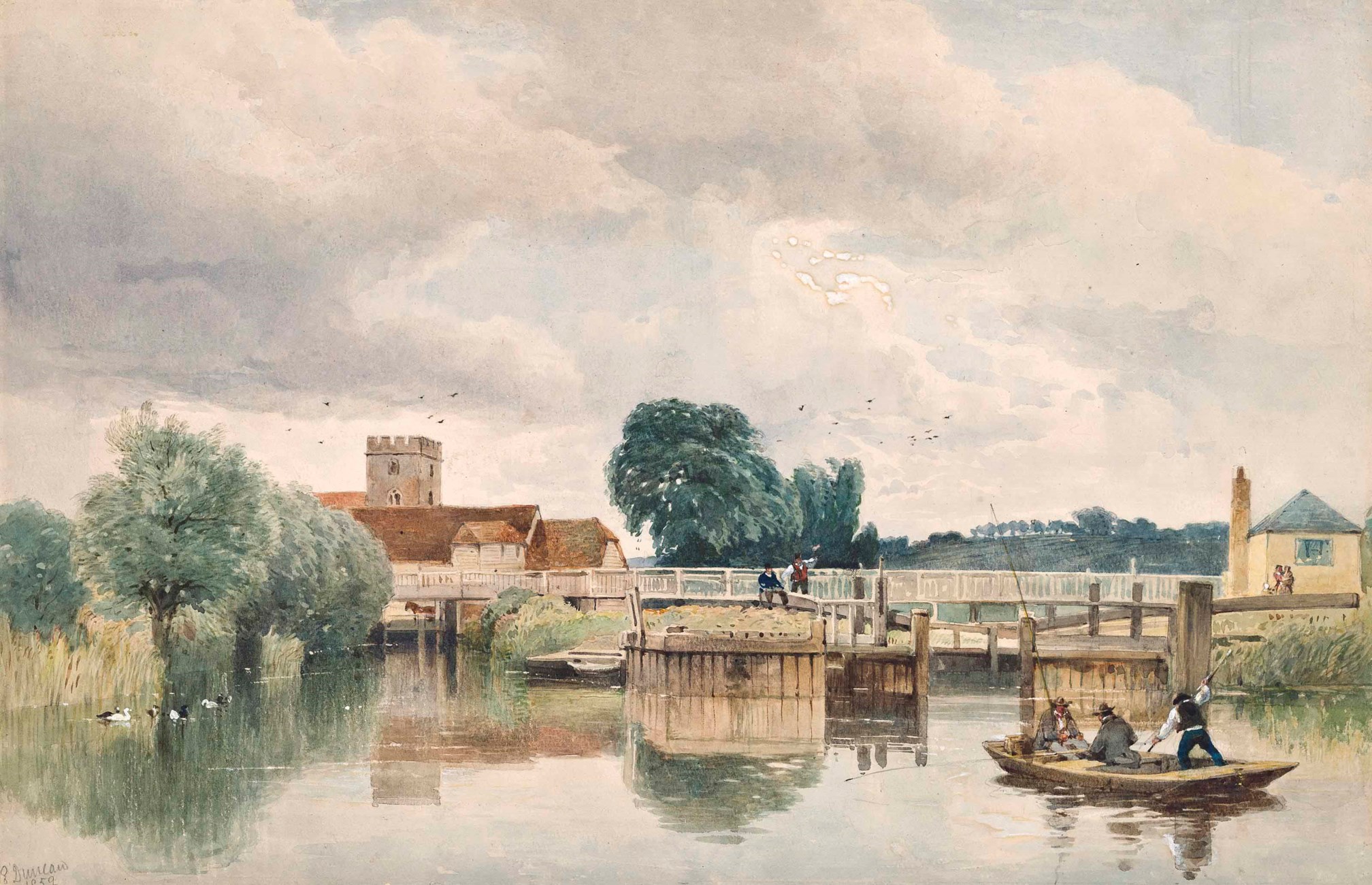 Edward Duncan, R.W.S. (1803-1882), Rustics fishing before a weir ...