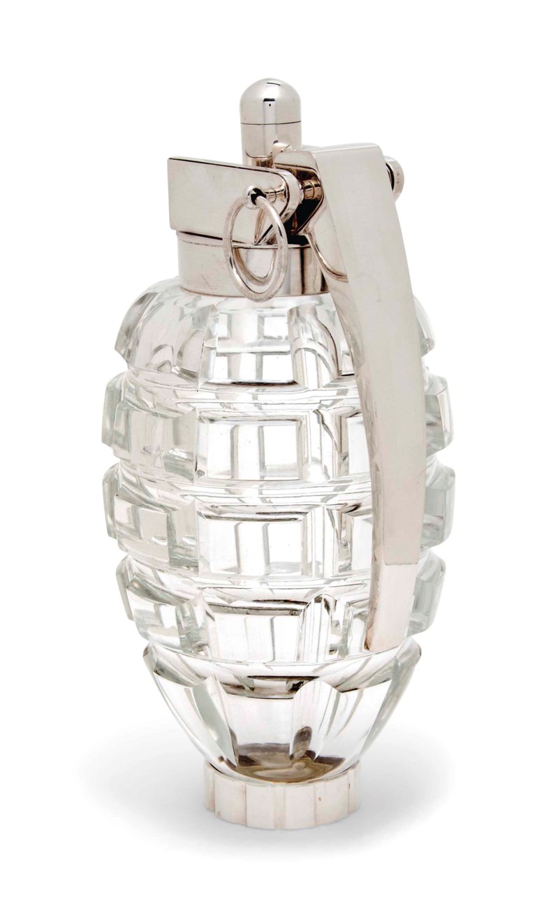 AN AMERICAN METALWARE-MOUNTED CUT-GLASS NOVELTY COCKTAIL SHAKER IN THE ...