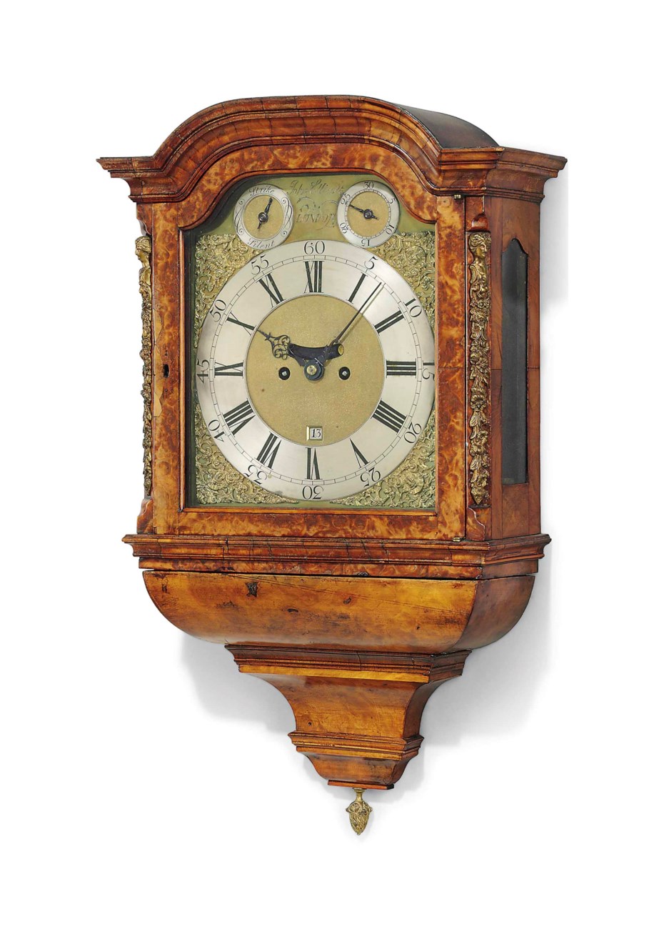 A GEORGE II WALNUT EIGHT-DAY STRIKING HOODED WALL CLOCK, JOHN ELLICOTT ...