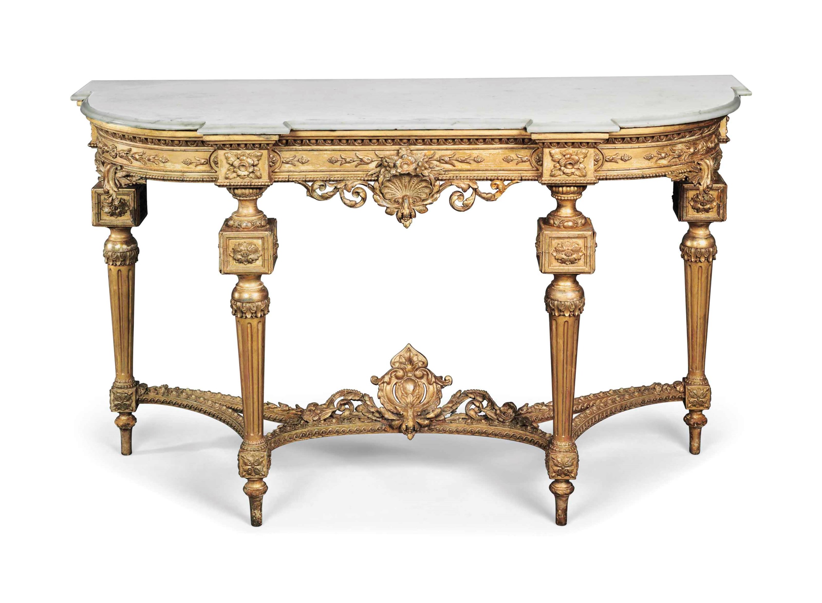 A VICTORIAN GILTWOOD AND COMPOSITION CONSOLE TABLE