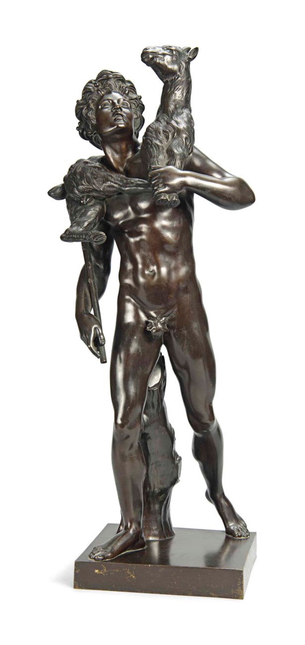 AN ITALIAN BRONZE MODEL OF THE FAUN WITH KID, AFTER THE ANTIQUE, LATE ...