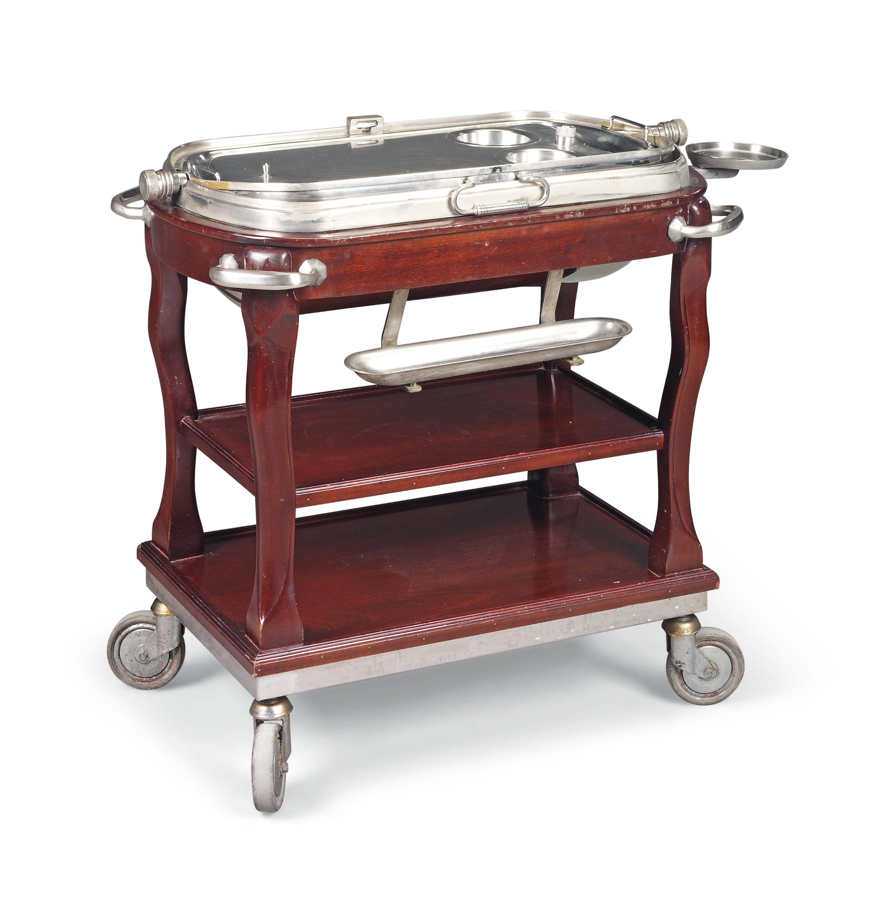 AN ENGLISH SILVER-PLATED AND MAHOGANY CARVING TROLLEY