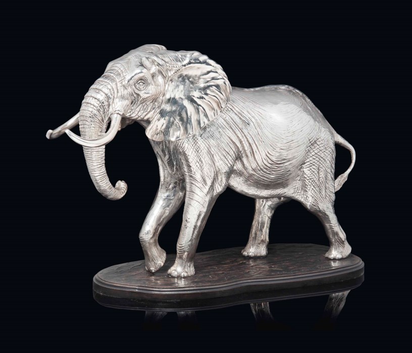 A LARGE AFRICAN SILVER MODEL OF A BULL ELEPHANT, BY DAVID SCHAEFER ...