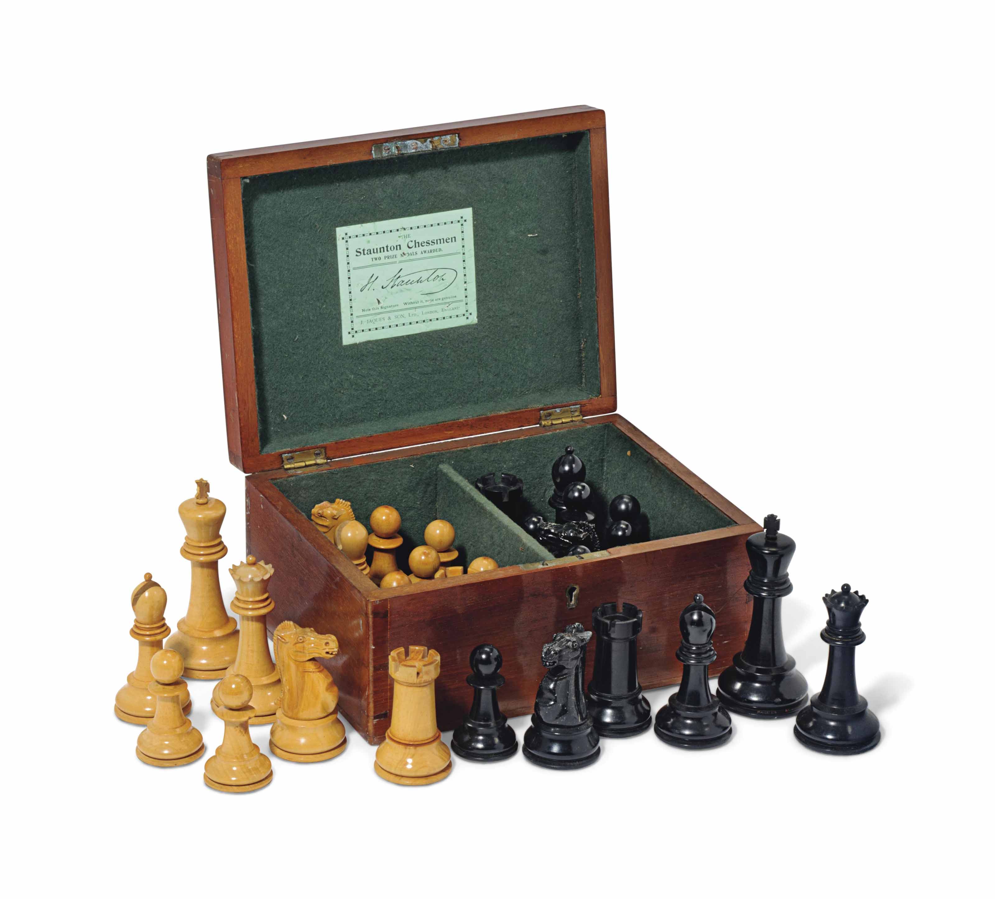 A JAQUES STAUNTON CLUB-SIZE BOXWOOD AND EBONY CHESS SET