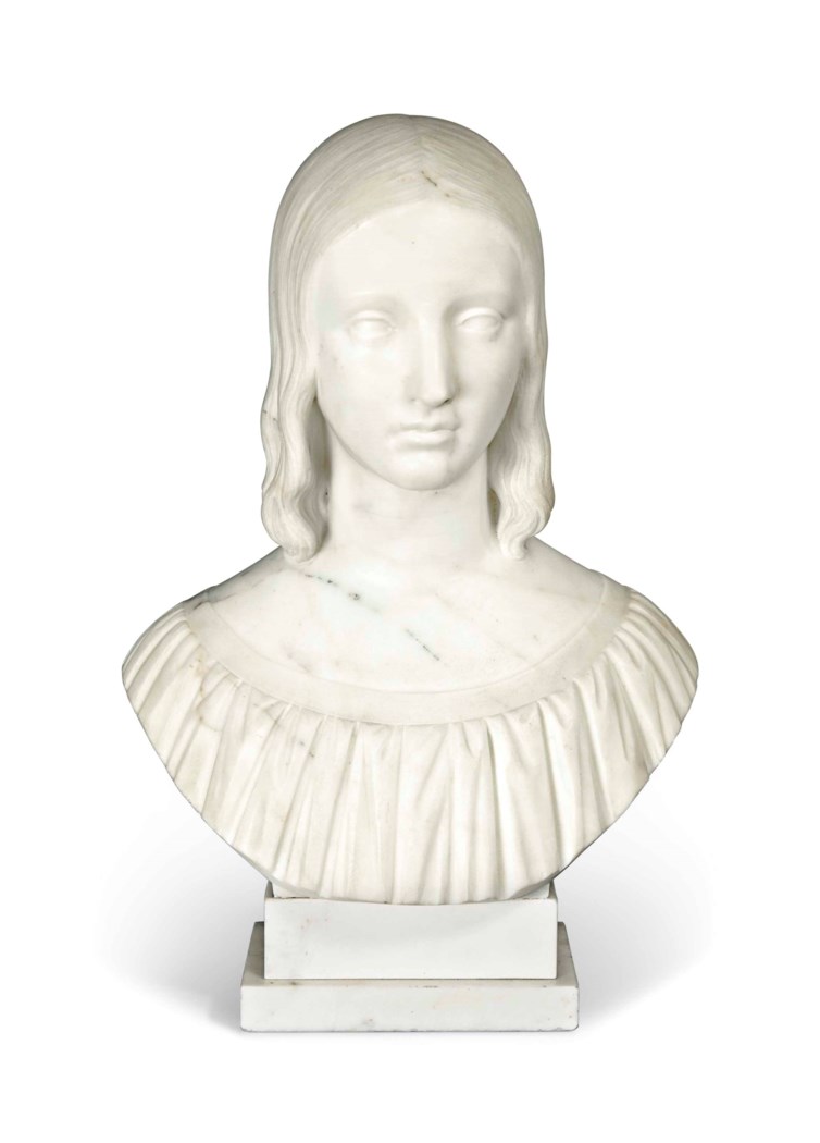 A VICTORIAN CARVED MARBLE BUST OF A LADY, ATTRIBUTABLE TO RICHARD ...