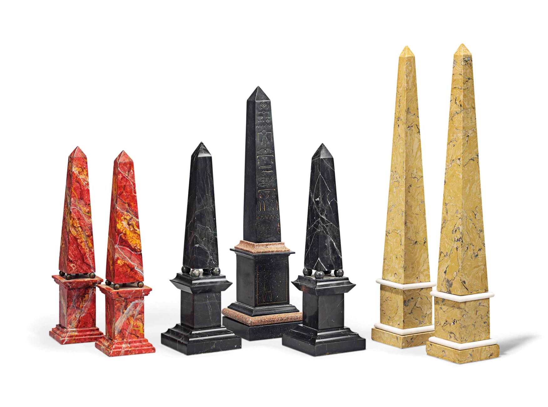 A GROUP OF THREE PAIRS OF TABLE OBELISKS AND A SINGLE GRANITE OBELISK