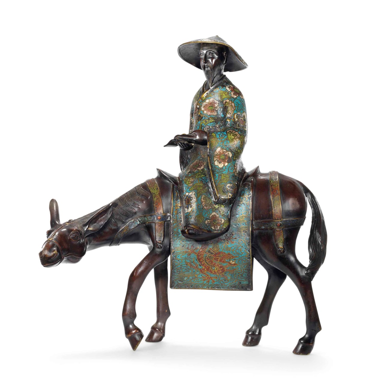 A LARGE CHINESE BRONZE AND CLOISONNÉ ENAMEL FIGURE ON A MULE, 19TH ...