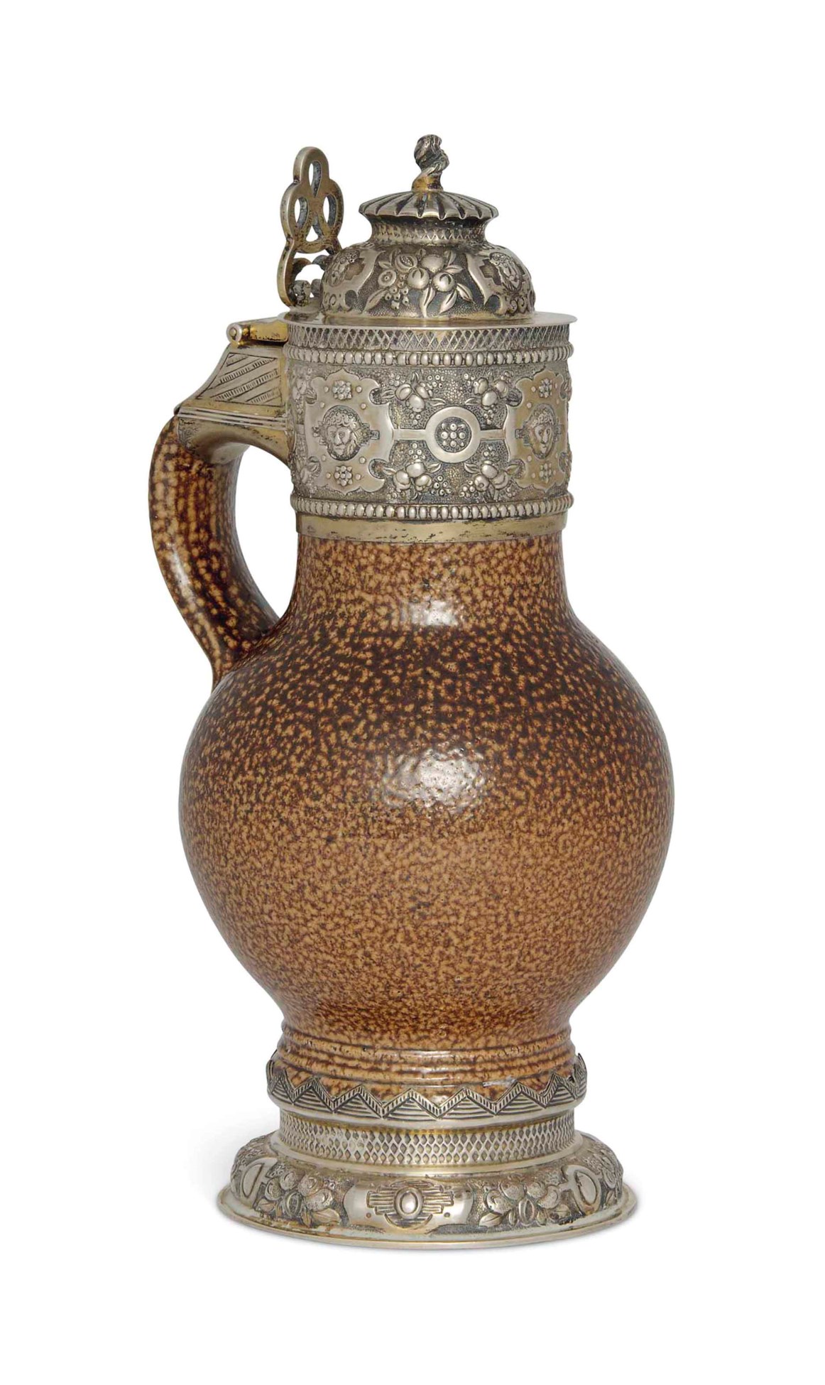 A REPRODUCTION OF AN ELIZABETH I TIGERWARE JUG WITH SILVER-GILT MOUNTS ...