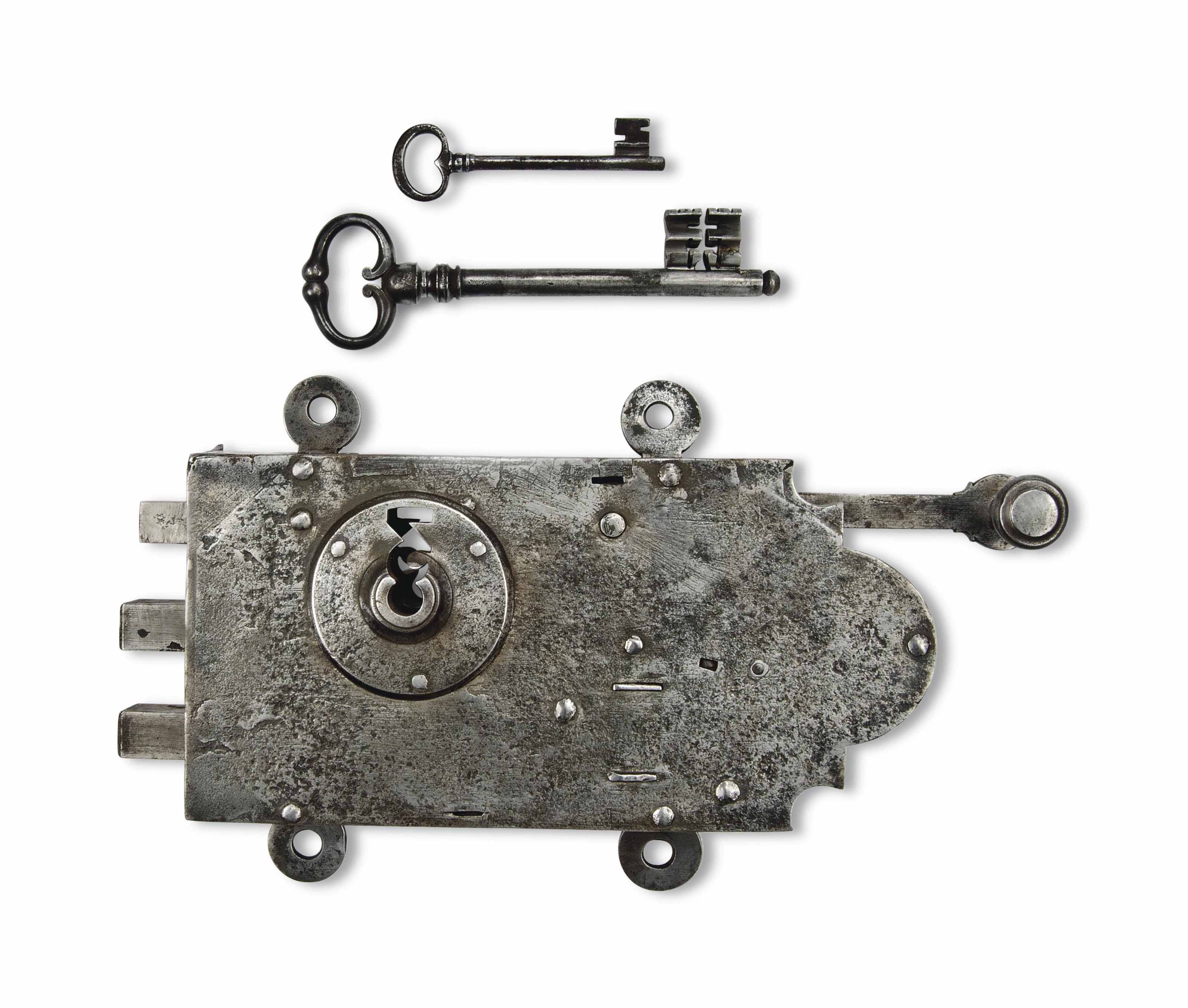 A FRENCH STEEL DOOR LOCK