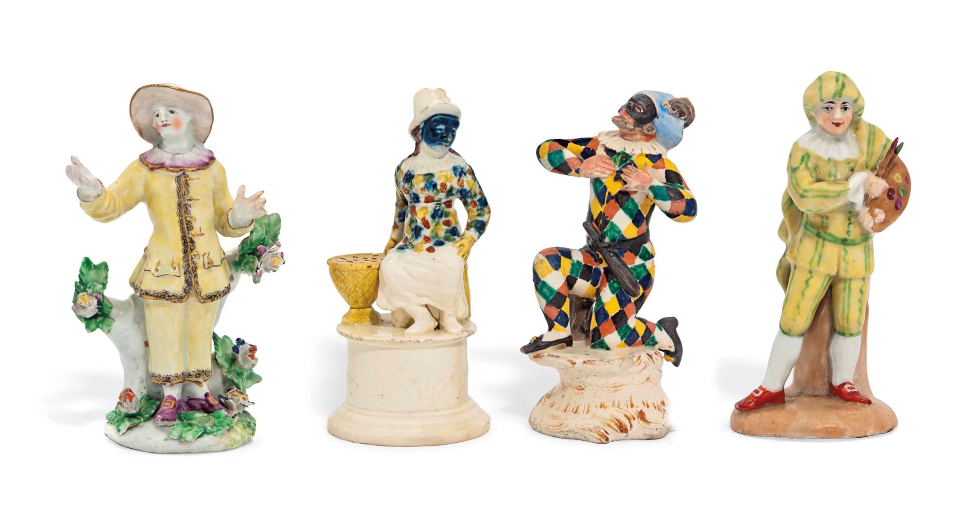FOUR PORCELAIN COMMEDIA DELL-ARTE FIGURES, CIRCA 1760 TO EARLY 19TH ...