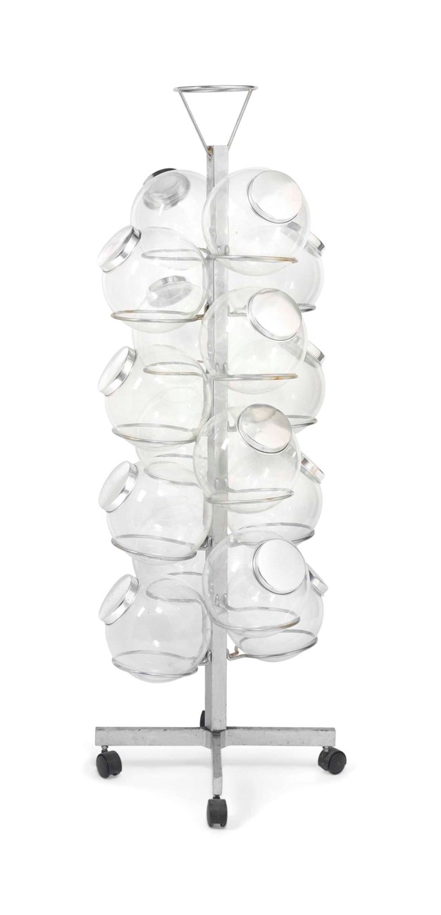 A FRENCH CHROMIUM PLATED BON-BON STAND WITH SIXTEEN GLASS JARS, MID ...