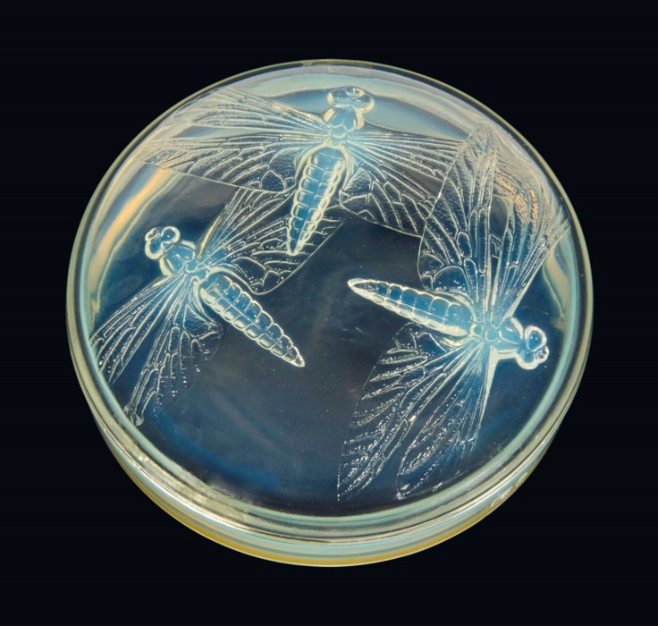 A LALIQUE OPLAESCENT GLASS ROUND BOX AND COVER, 'LIBELLULES', NO. 51 ...