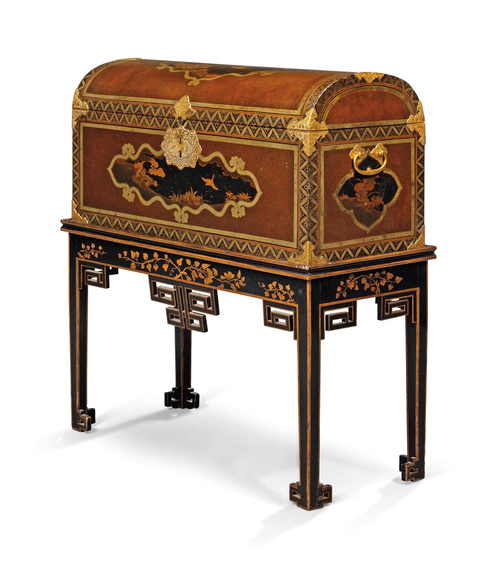 A JAPANESE GILT-METAL-MOUNTED DOMED LACQUER COFFER