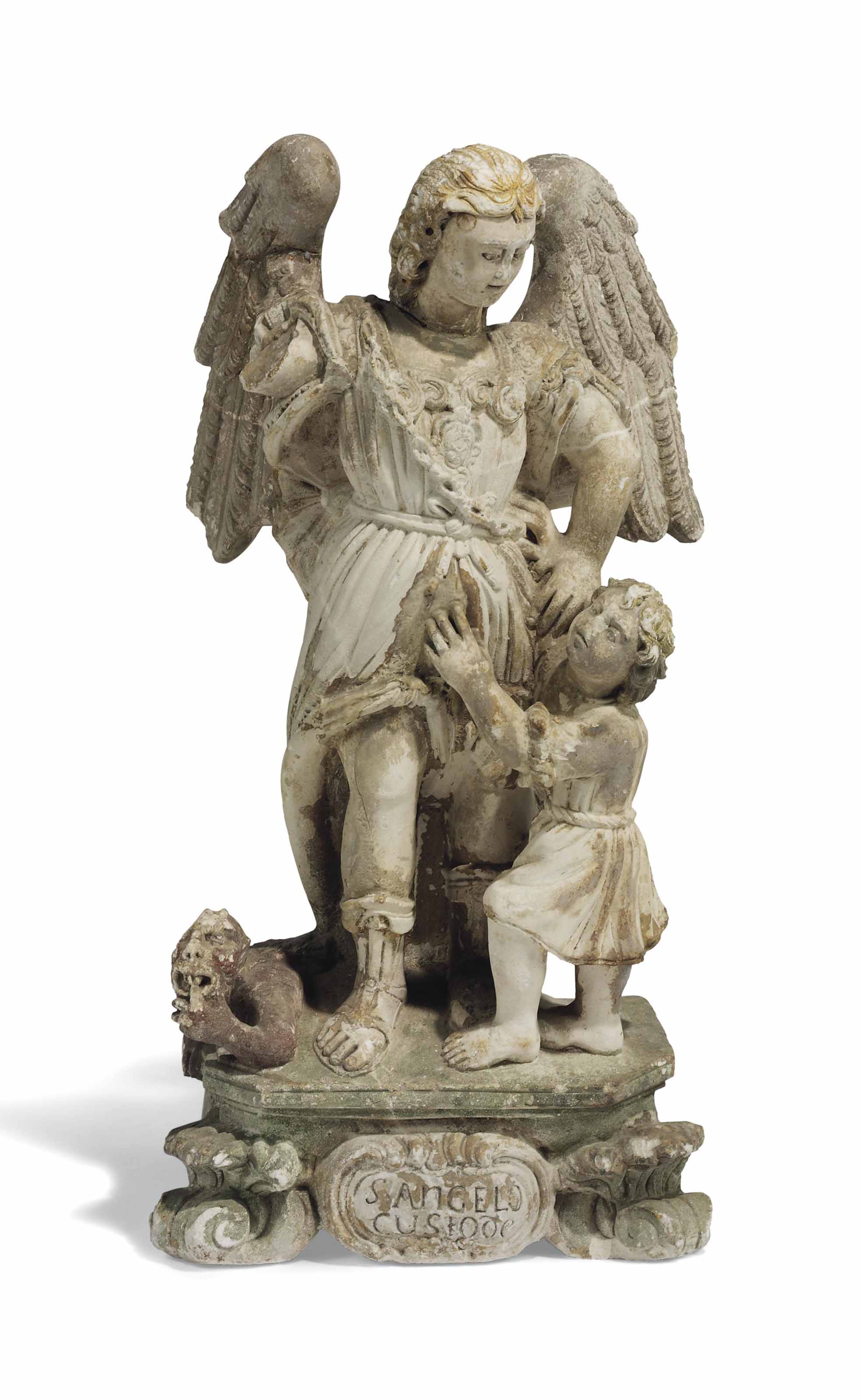 AN ITALIAN CARVED LIMESTONE FIGURE OF SAINT ANGELO