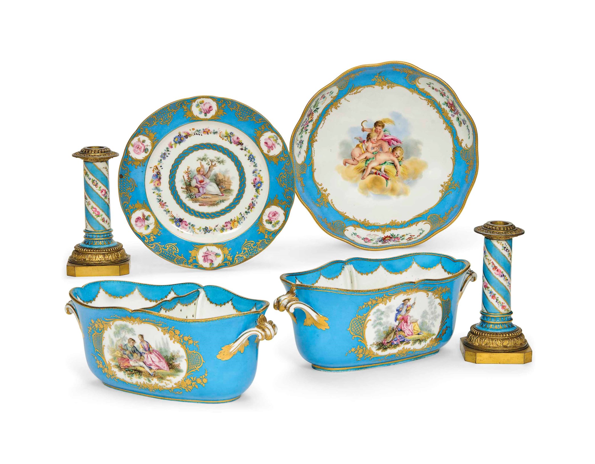 A GROUP OF SEVRES (LATER DECORATED) AND SEVRES-STYLE BLEU CELESTE ...