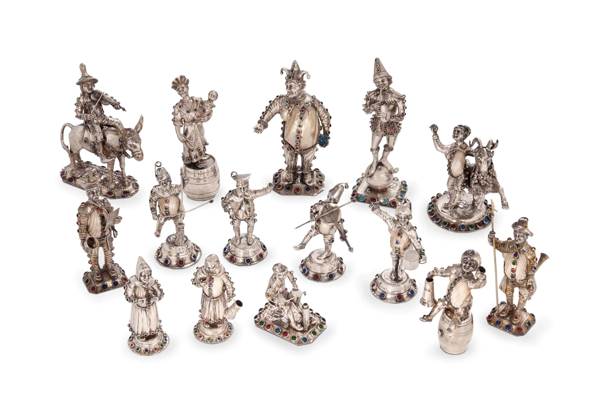 A VARIED GROUP OF FIFTEEN GERMAN SILVER FIGURES, ELEVEN WITH ABALONE ...