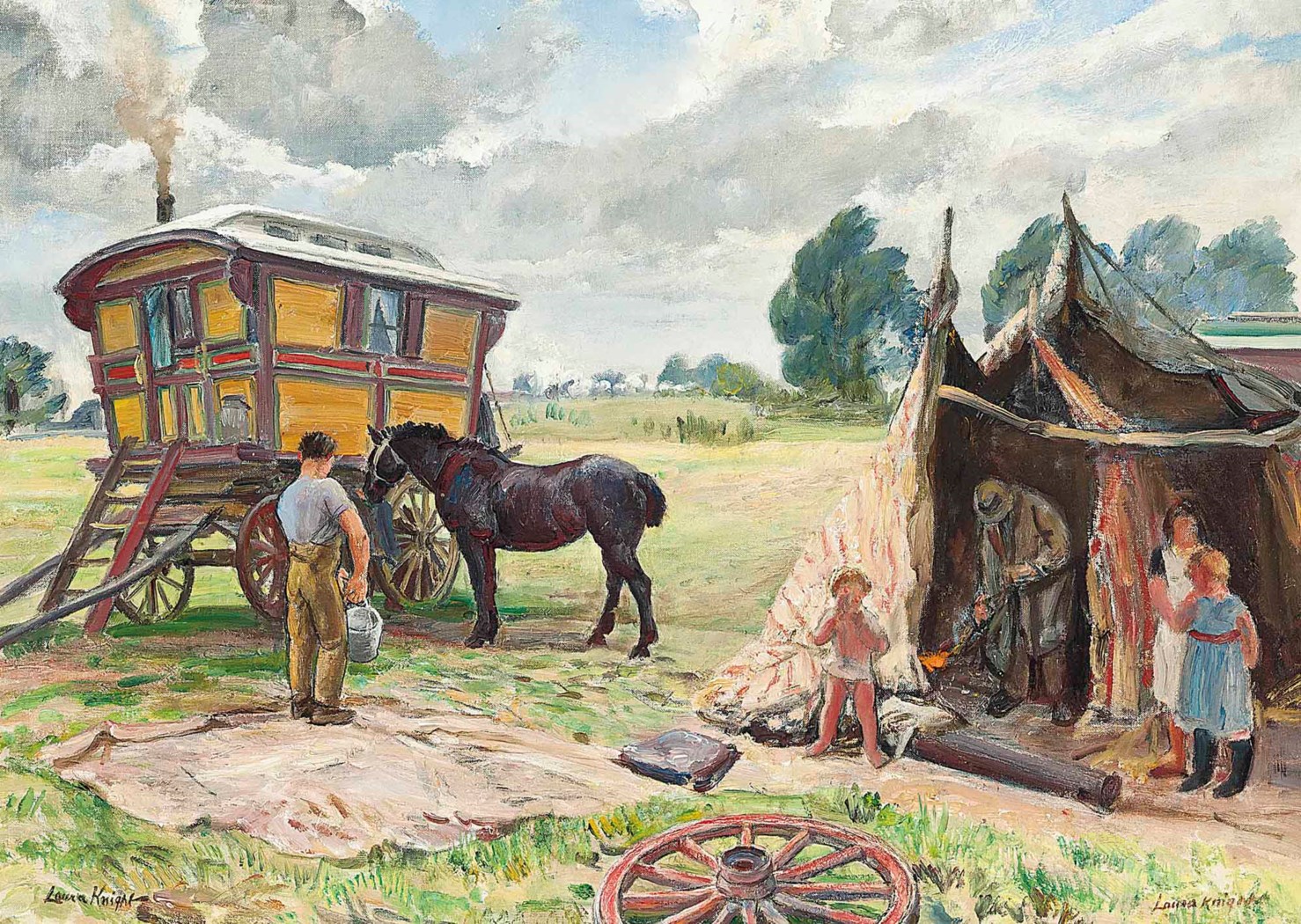 Dame Laura Knight, R.A., R.W.S. (1877-1970), Gypsy wagon and tent ...