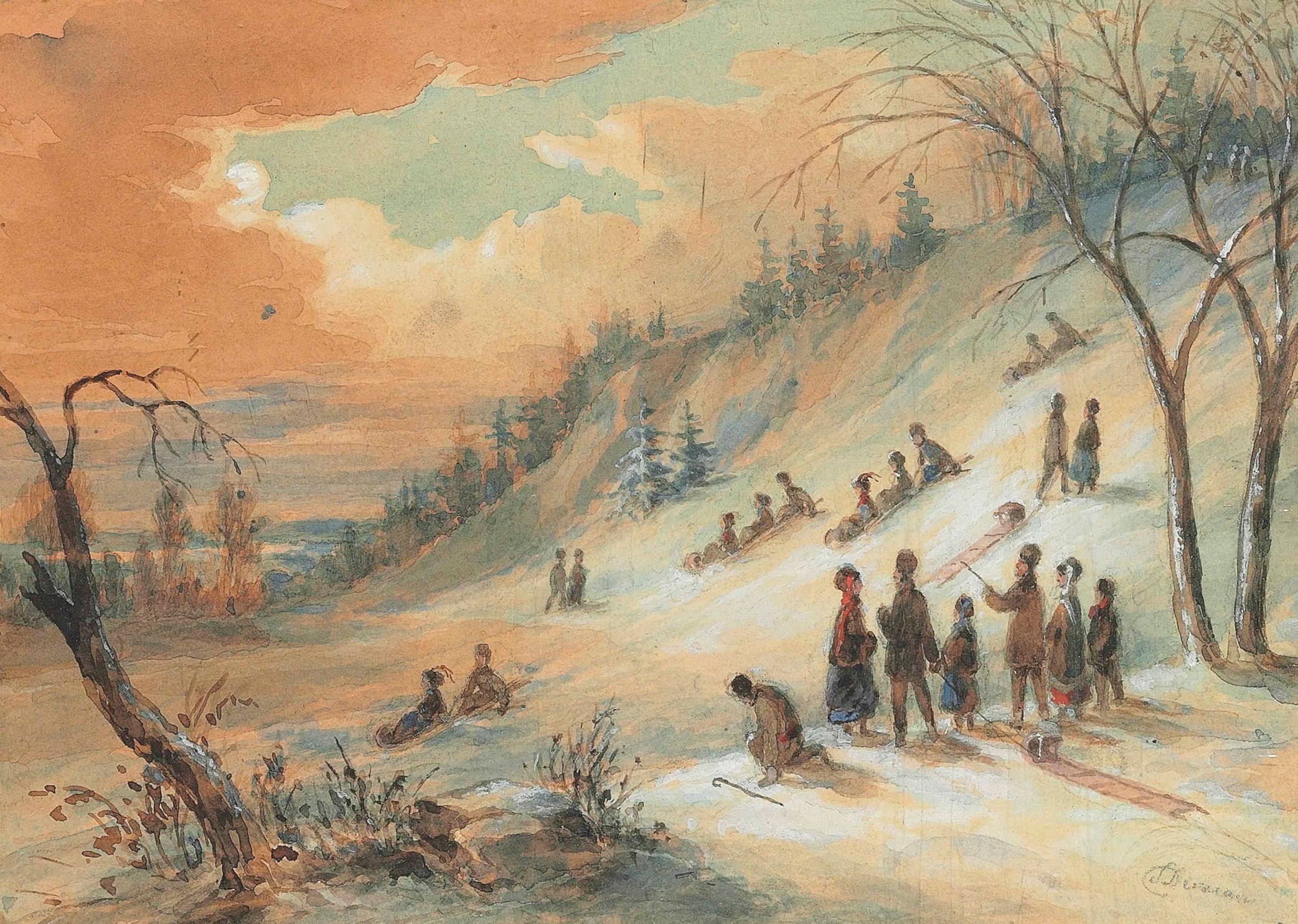 James D. Duncan (1806-1881), Tobogganing on a hillside, near Montreal ...