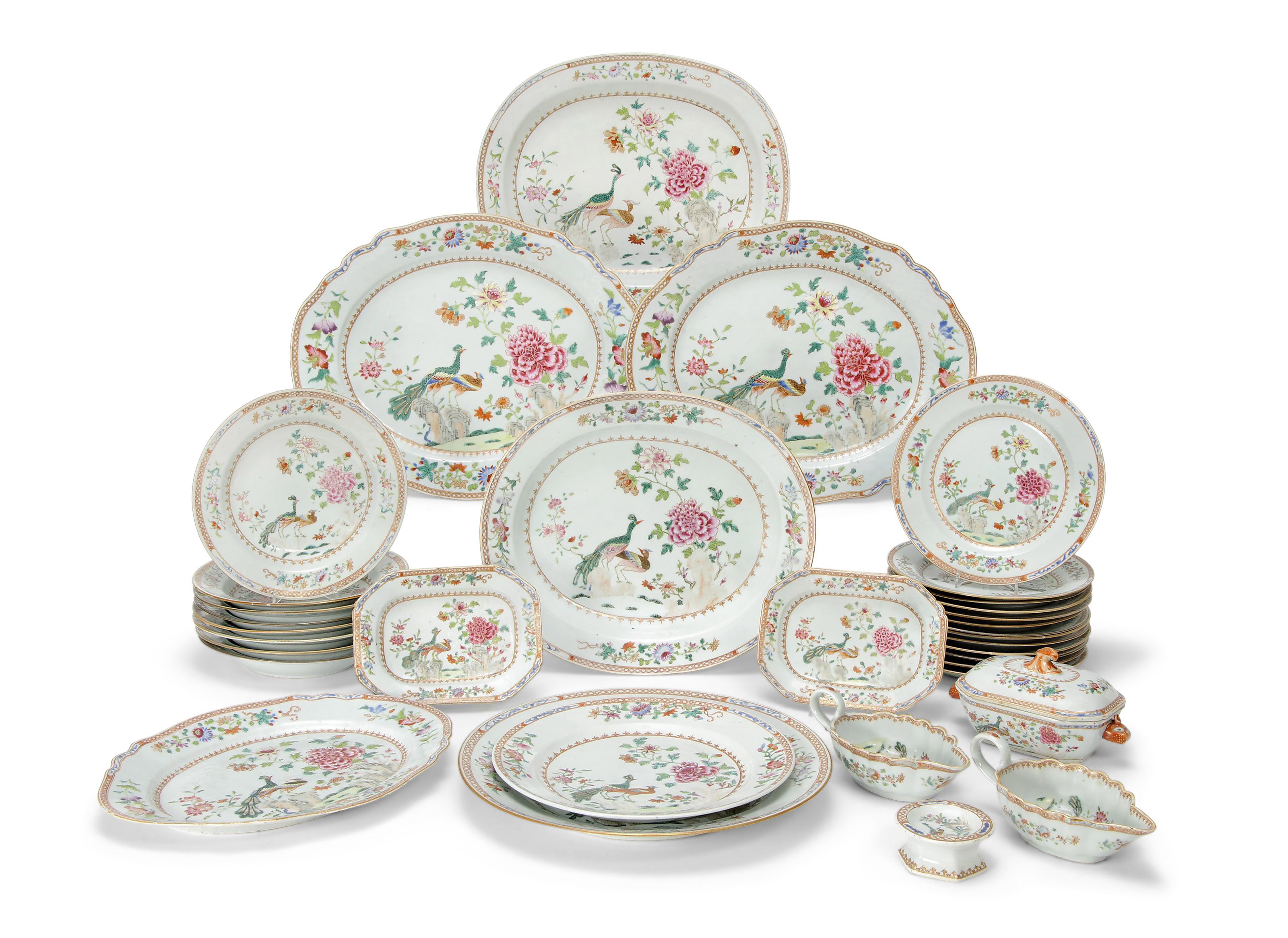A FAMILLE ROSE PART DOUBLE-PEACOCK PATTERN DINNER SERVICE, QIANLONG ...