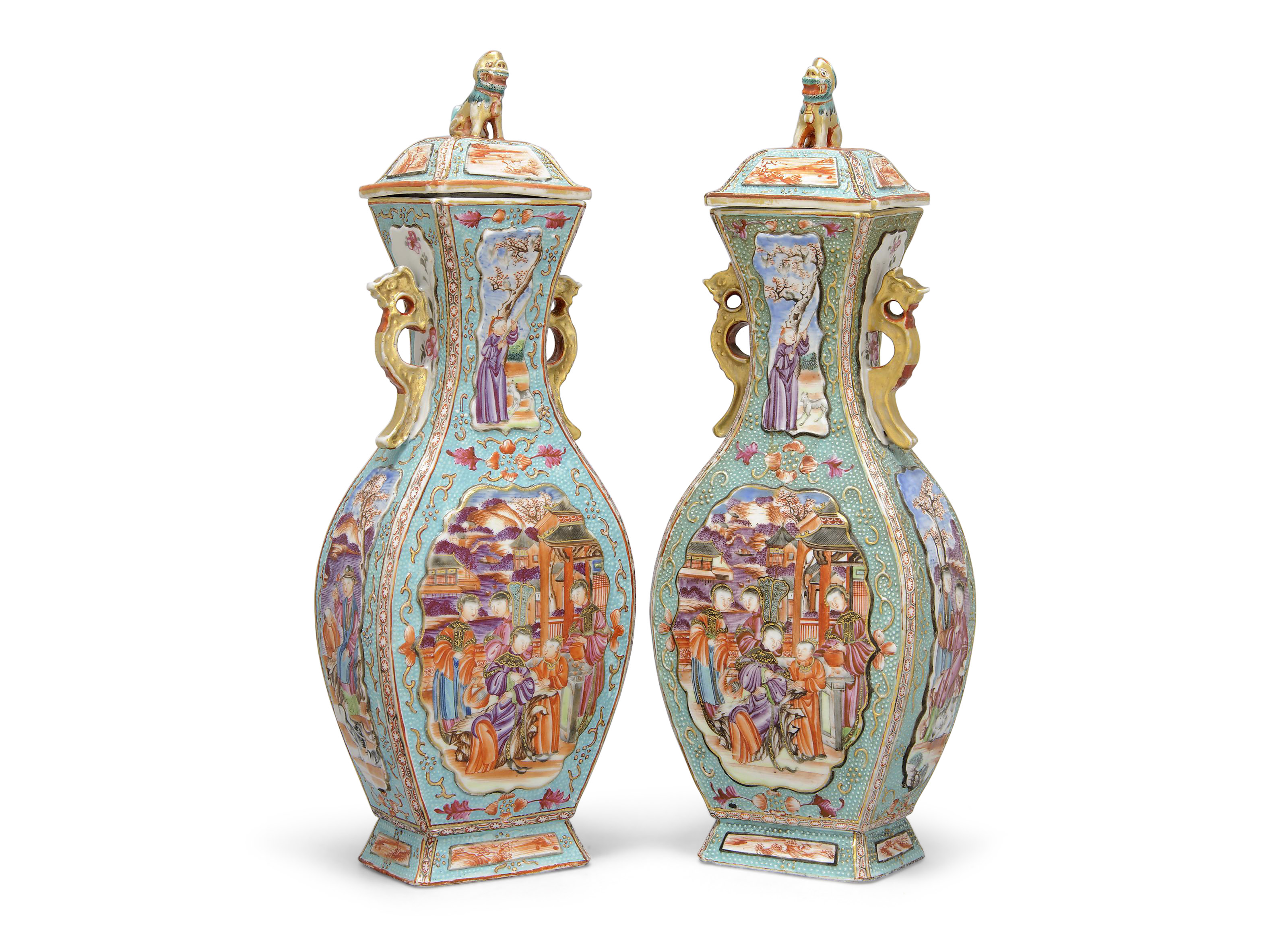 A SIMILAR PAIR OF FAMILLE ROSE 'MANDARIN PATTERN' VASES AND COVERS ...