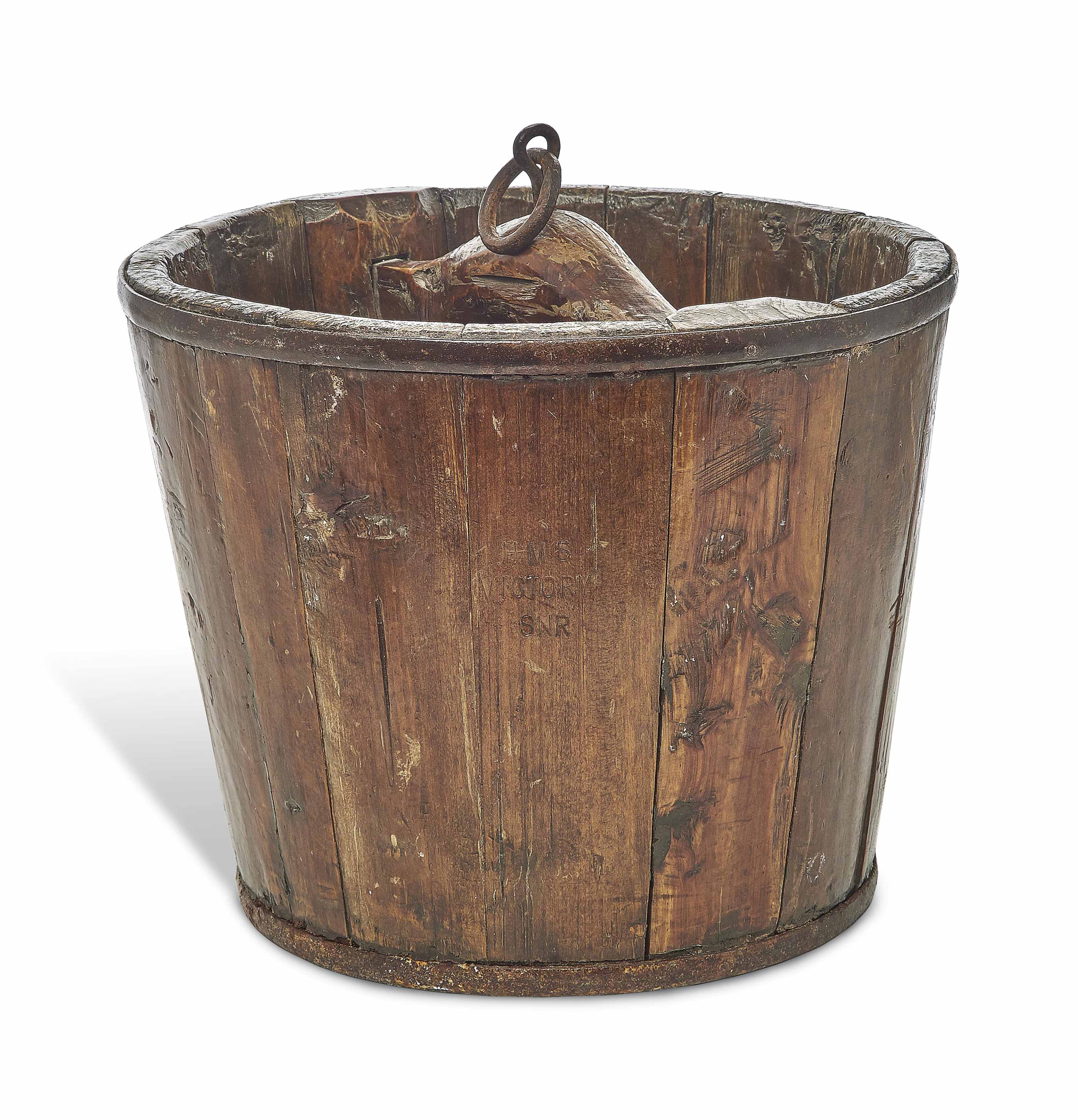 A COOPERED WOODEN WATER BUCKET FROM H.M.S. VICTORY
