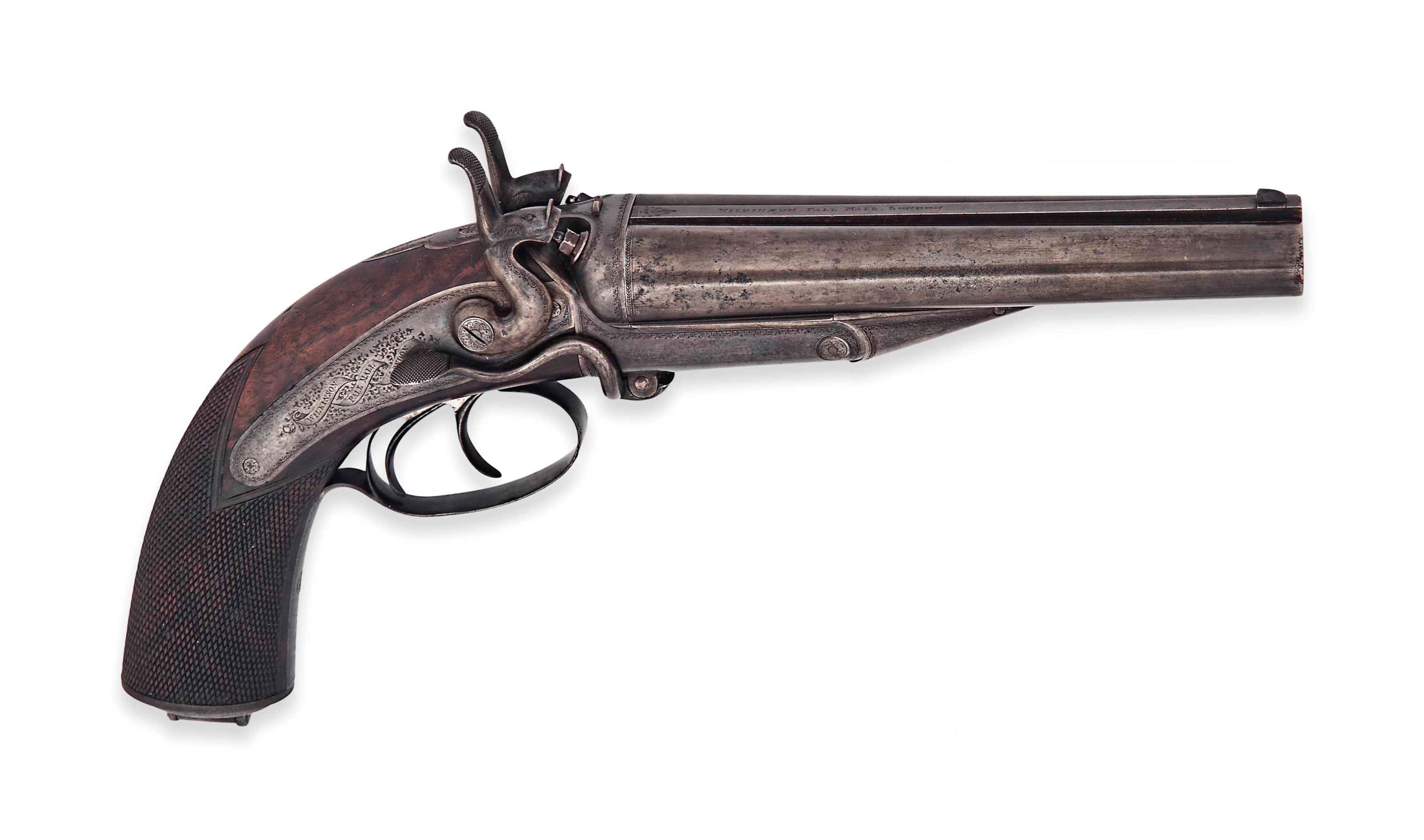 A FINE .577 (2 IN.) DOUBLE-BARRELLED SIDELEVER HAMMER HOWDAH PISTOL