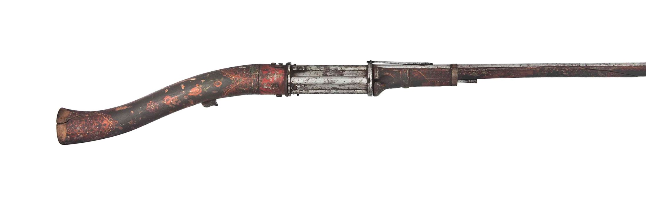 A RARE INDIAN 50-BORE FOUR-SHOT HAND-ROTATED REVOLVING MATCHLOCK GUN ...