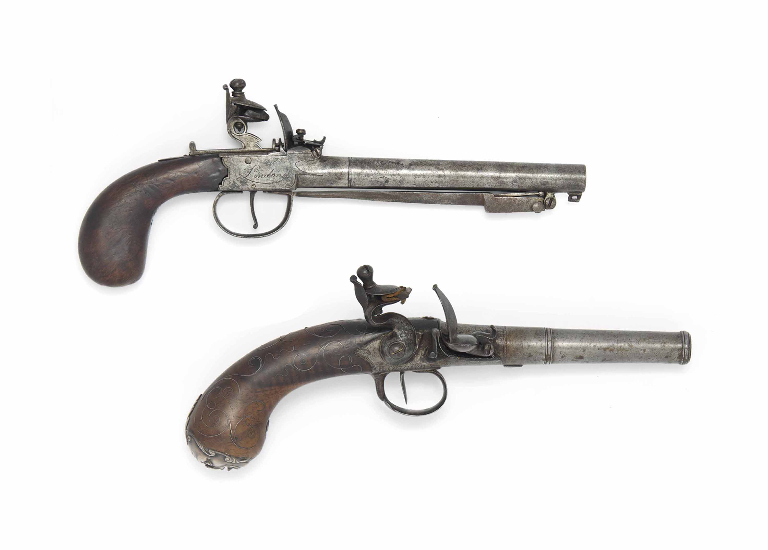 A 40-BORE SILVER-MOUNTED FLINTLOCK TURN-OFF PISTOL OF SO-CALLED 'QUEEN ...