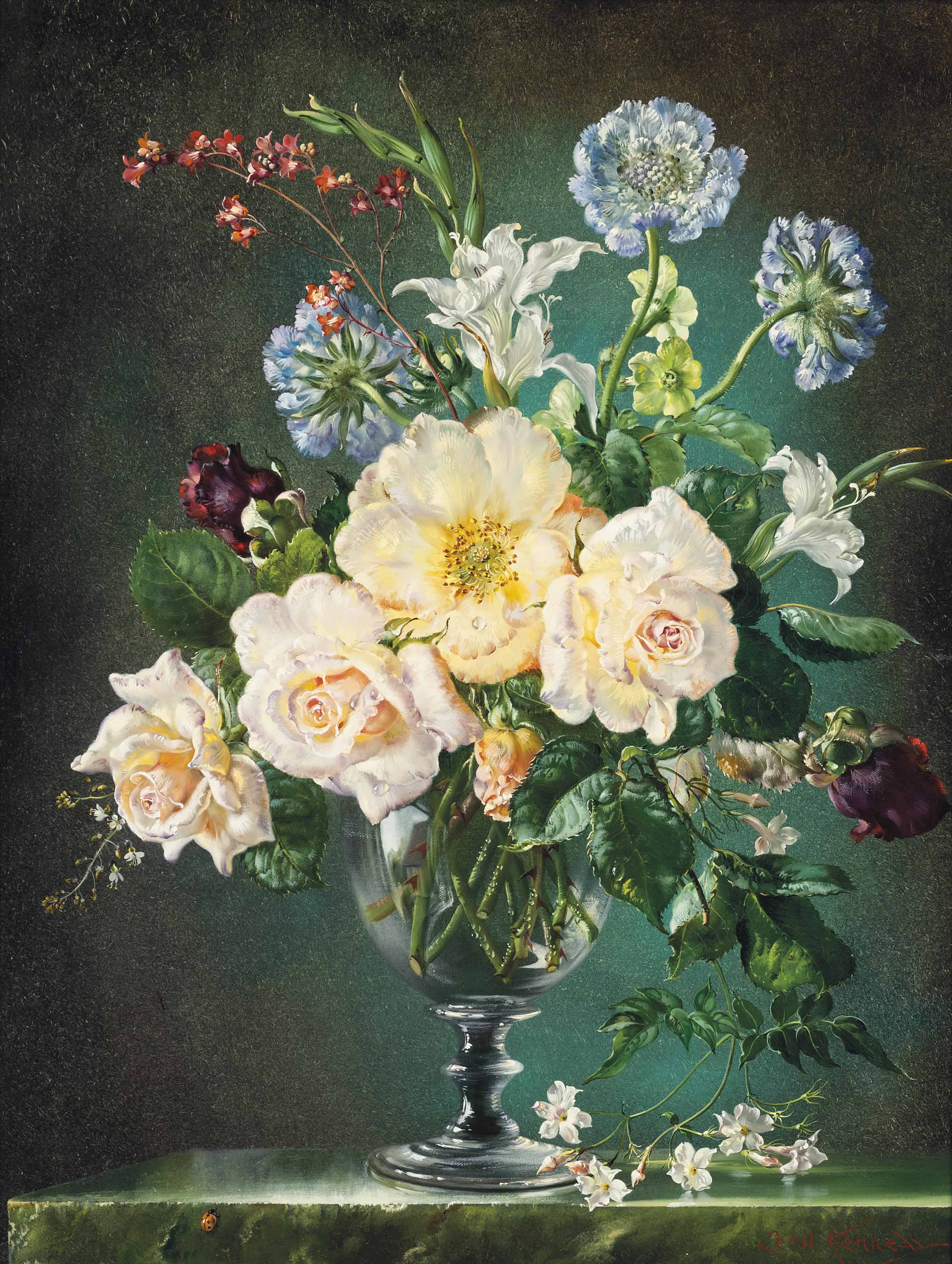 Cecil Kennedy (London 1905-1997 St Albans) , Roses, hydrangeas and ...
