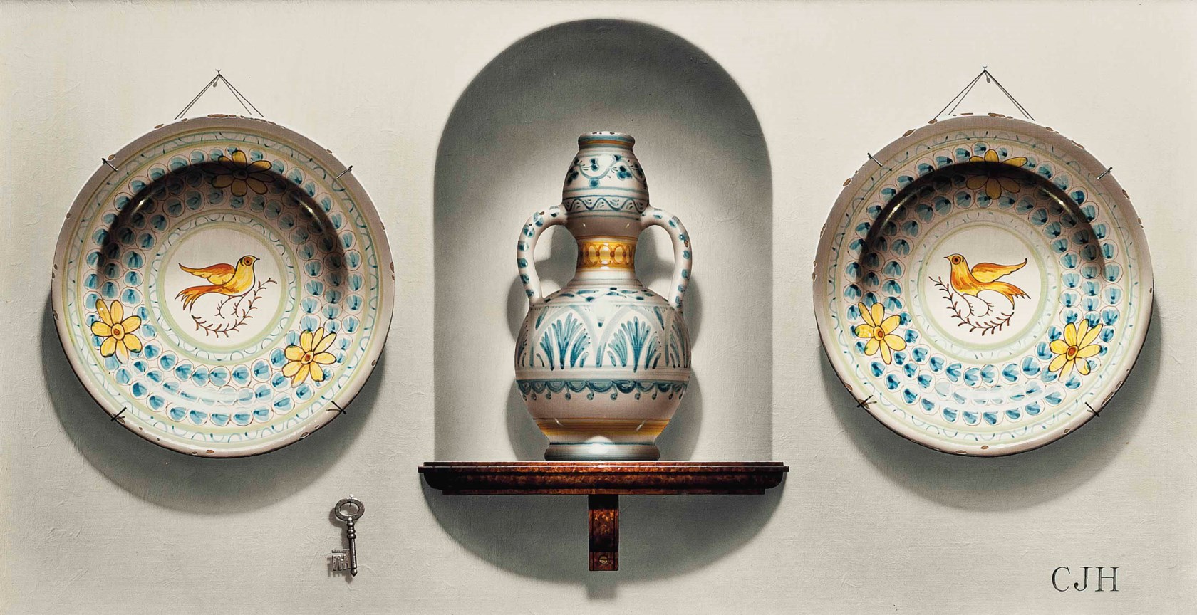 Christopher John Harrison (b.1945), Trompe l'oeil of Spanish maiolica ...