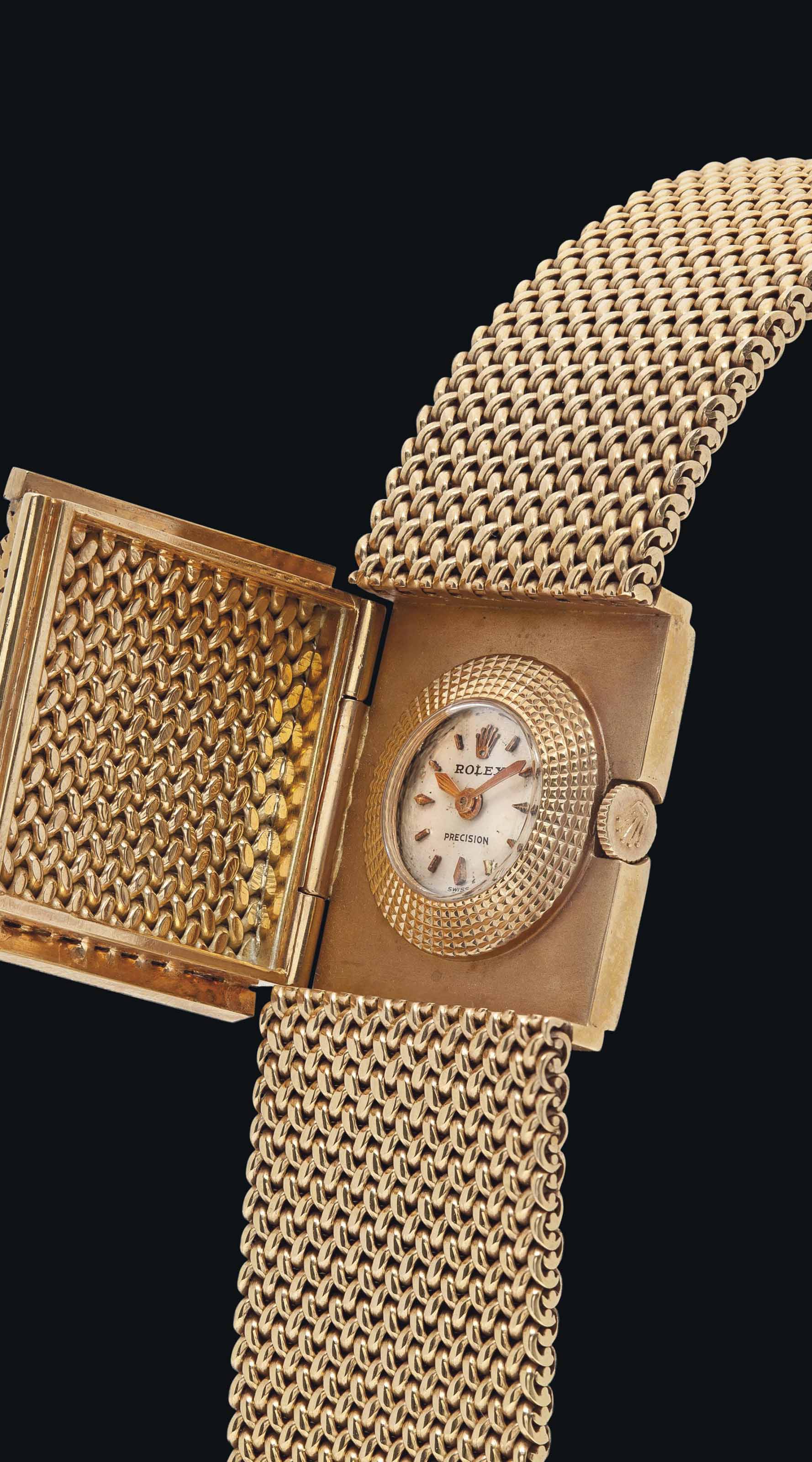 ROLEX. A LADY'S FINE AND RARE 18K GOLD SQUARE BRACELET WATCH WITH ...