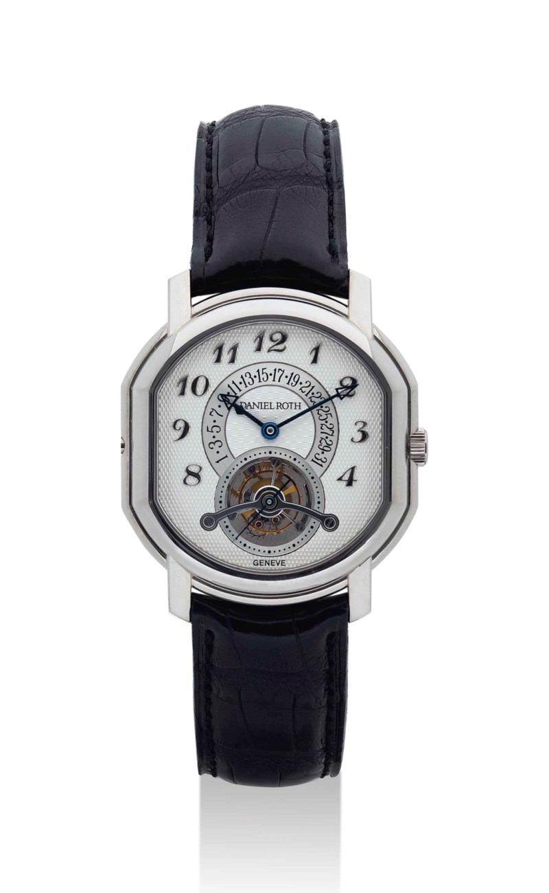 DANIEL ROTH. A FINE AND RARE 18K WHITE GOLD TONNEAU-SHAPED TOURBILLON ...