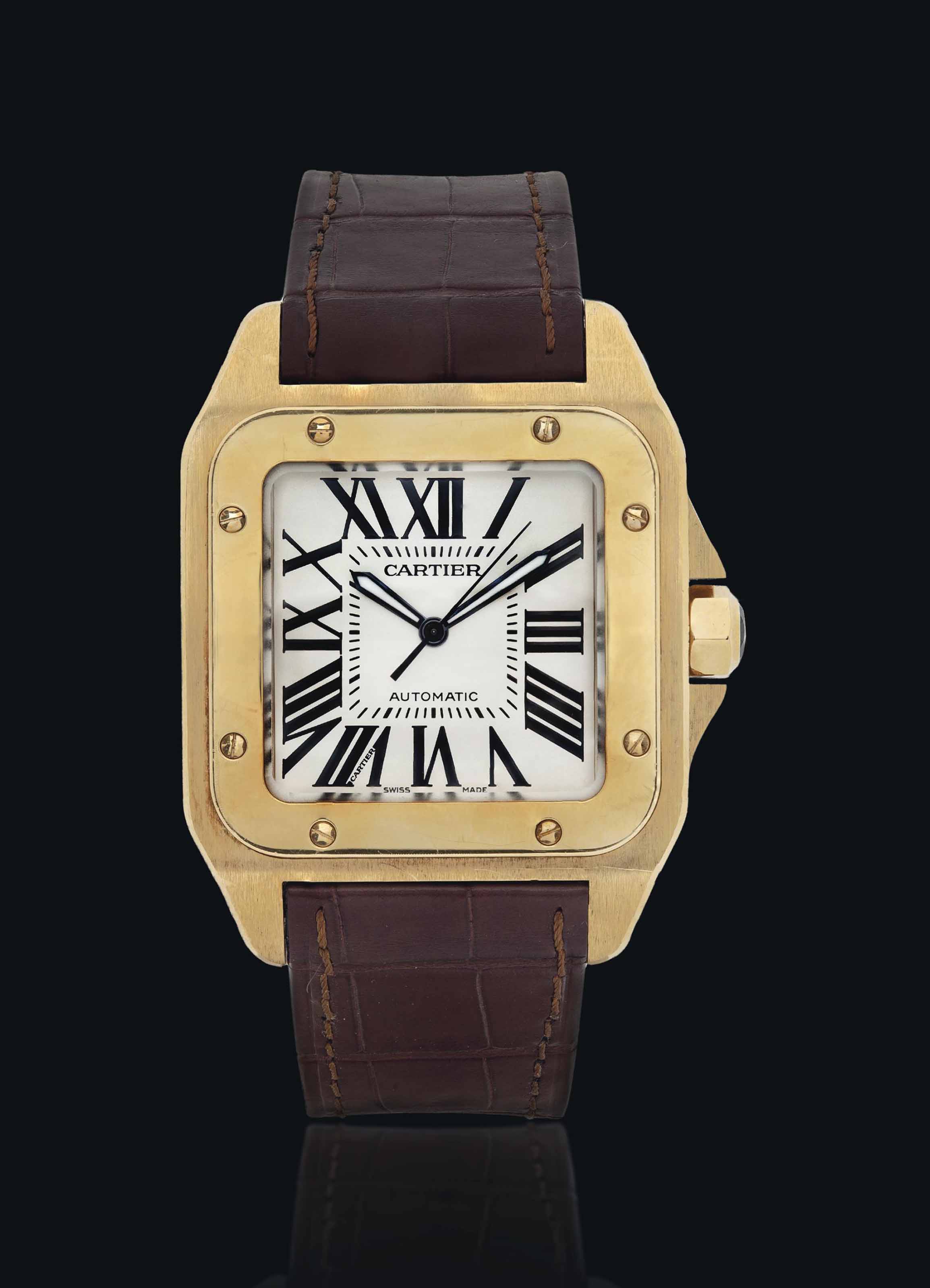 CARTIER. A FINE 18K GOLD SQUARE AUTOMATIC WRISTWATCH WITH SWEEP CENTRE ...