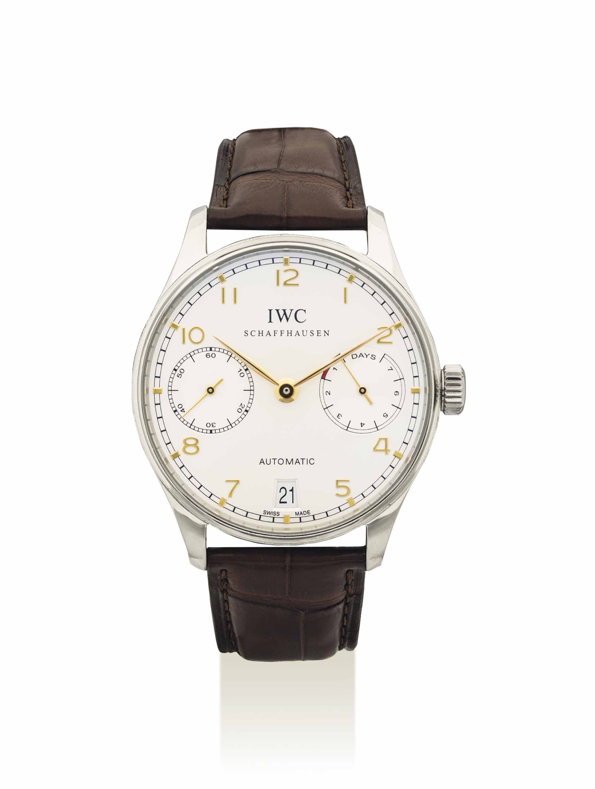 IWC. A FINE STAINLESS STEEL AUTOMATIC WISTWATCH WITH 7-DAY POWER ...