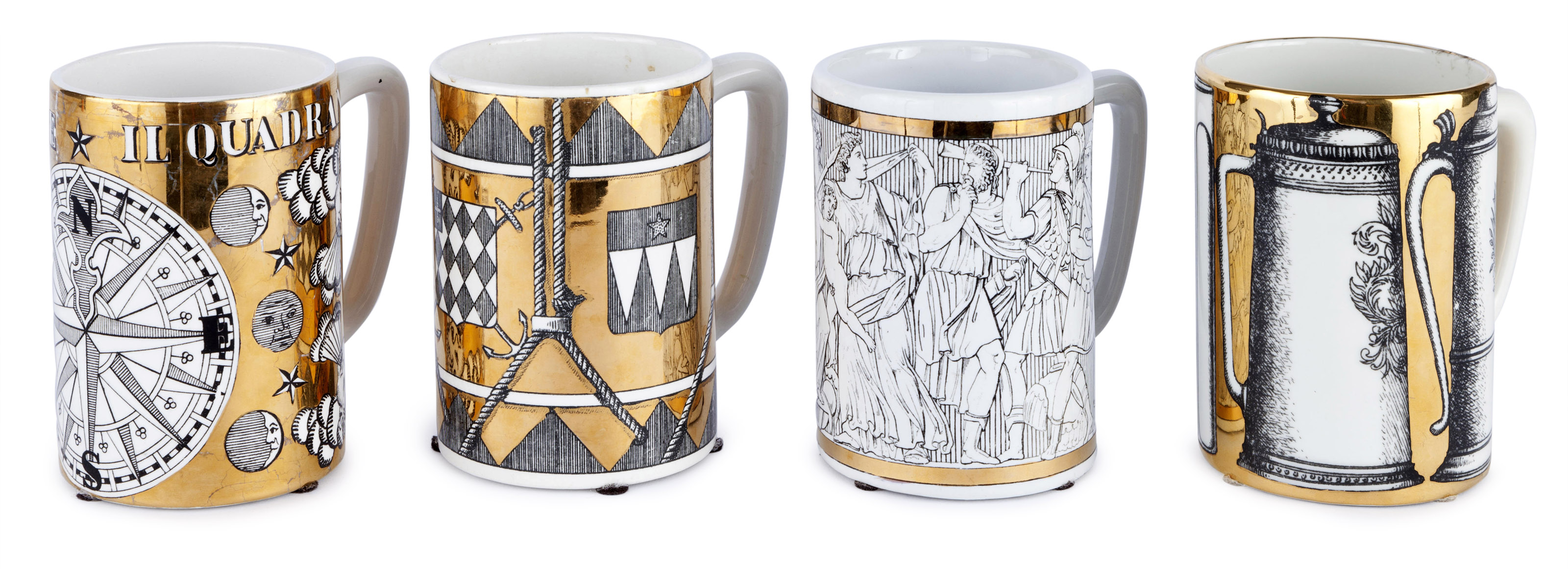A SET OF FOUR LARGE MUGS, 1950-1960, PIERO FORNASETTI (1913-1988 ...