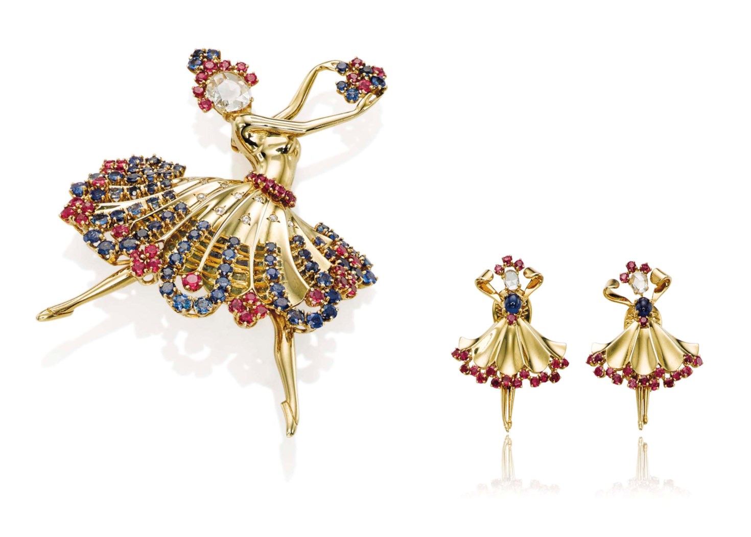 A MULTI-GEM 'BALLERINA' BROOCH, BY VAN CLEEF & ARPELS, AND A PAIR OF ...