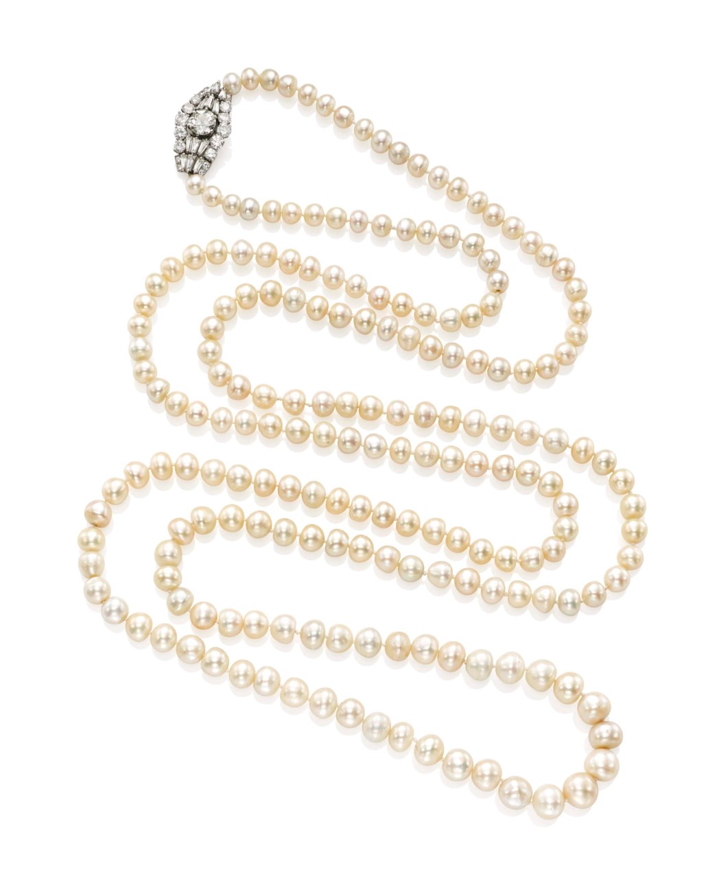 A SINGLE STRAND NATURAL PEARL AND DIAMOND NECKLACE | Christie's