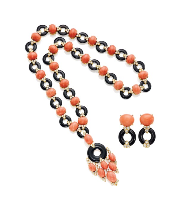 A CORAL, ONYX AND DIAMOND NECKLACE, BY VAN CLEEF & ARPELS, AND A PAIR ...